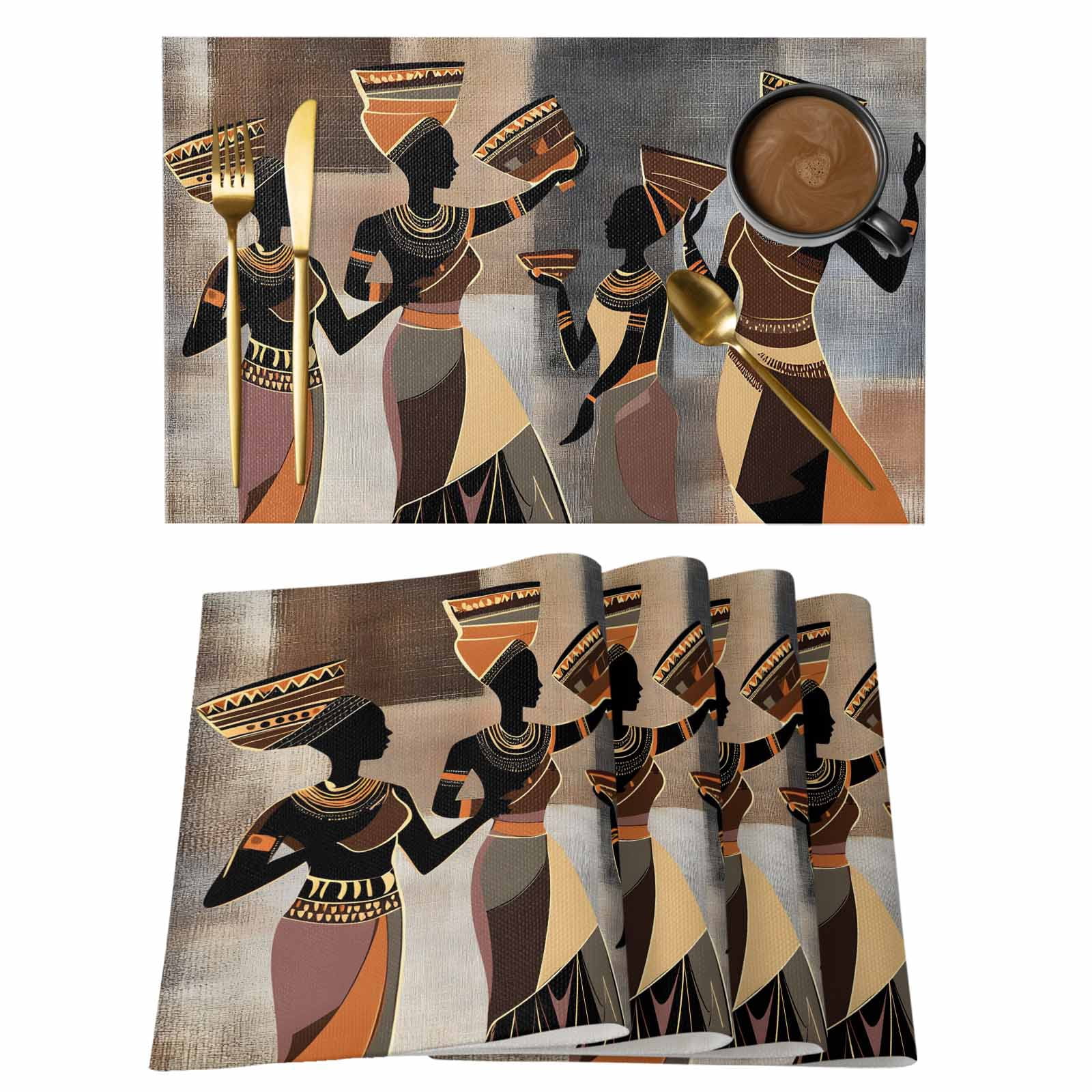 Black Brown Girls Boho Placemats Set of 8, Grey Vintage Ethnic Abstract ...
