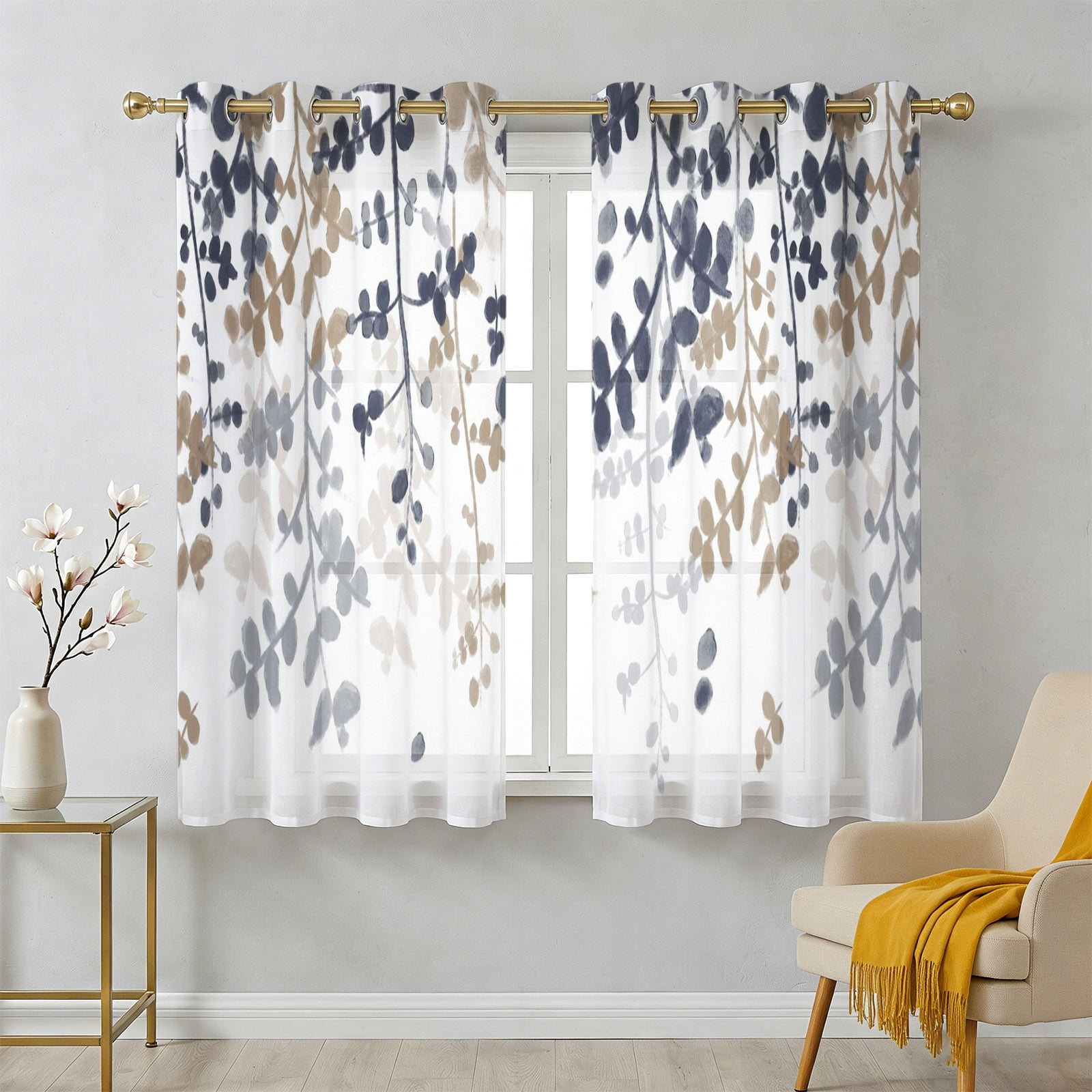 Black Brown Gradient Leaf Sheer Curtains 39 Inch Long 2 Panels, Rustic ...