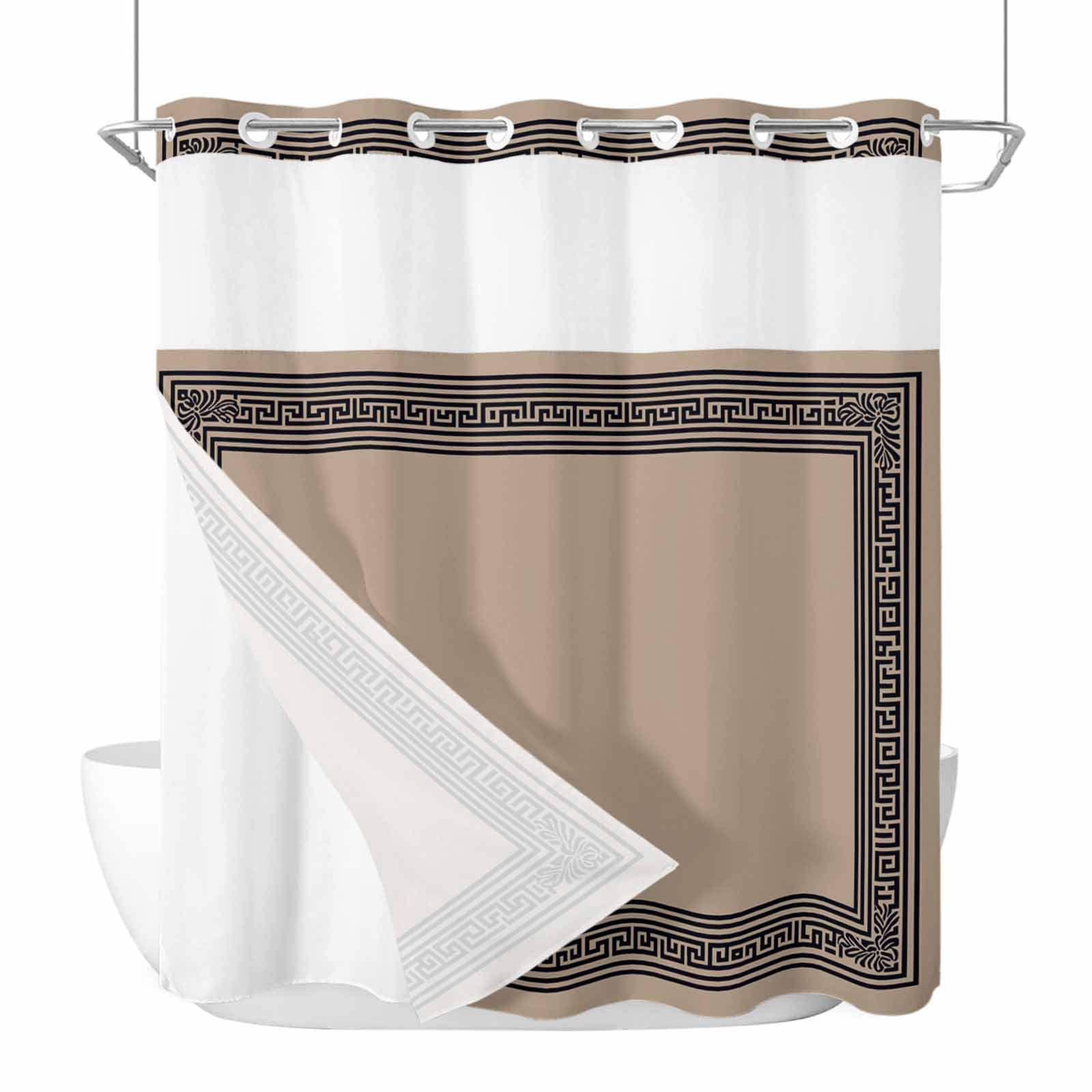 Black Brown Greek Key No Hook Shower Curtain Waterproof,Bathroom ...
