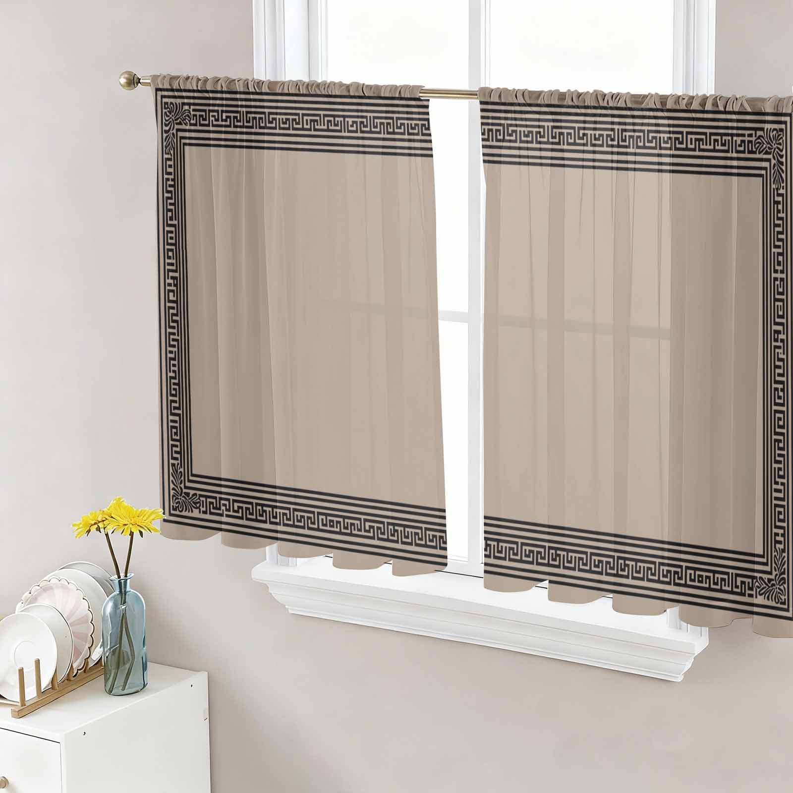 Black Brown Greek Key Semi Sheer Curtains 54 Inch Length 2 Panels Set ...
