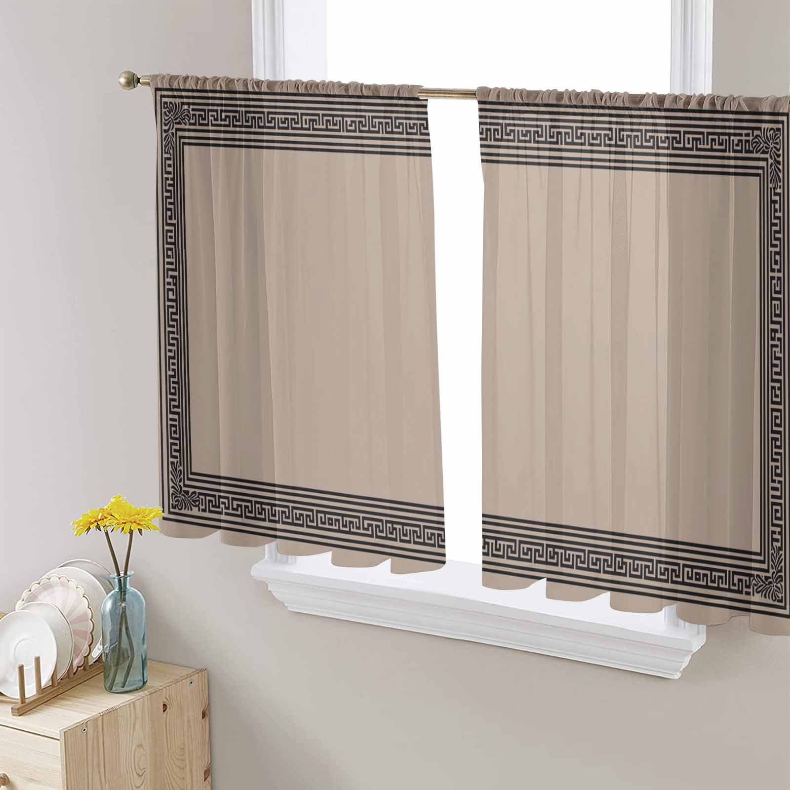 Black Brown Greek Key Sheer Curtains 45 Inch Length 2 Panels Set, Semi ...