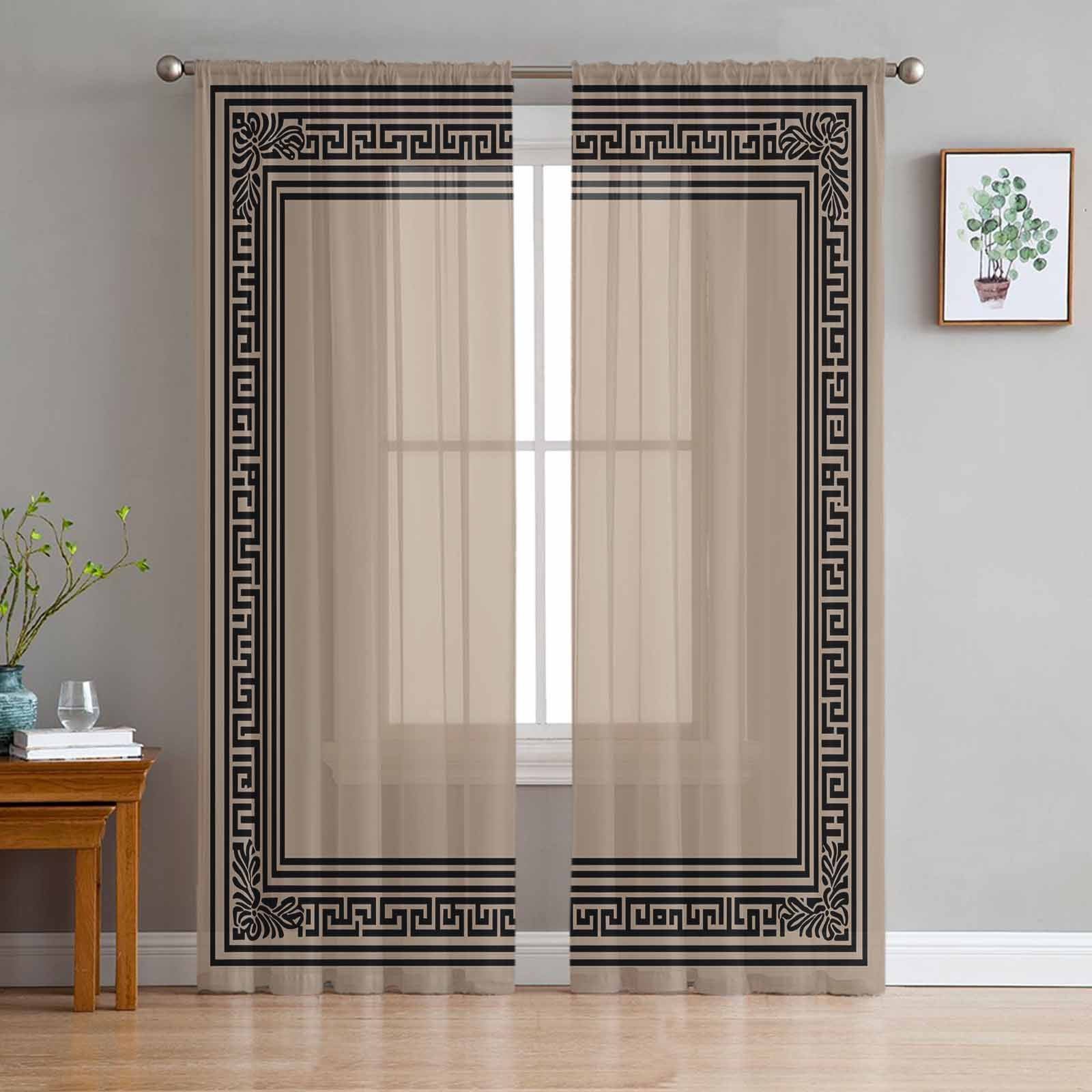 Black Brown Greek Key Sheer Curtains 96 Inches Long 2 Panels Set ...
