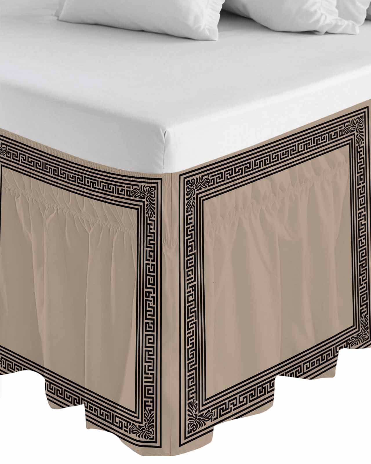 Black Brown Greek Key Wrap Around Bed Skirts for Queen Bed 16" Drop,Bed ...