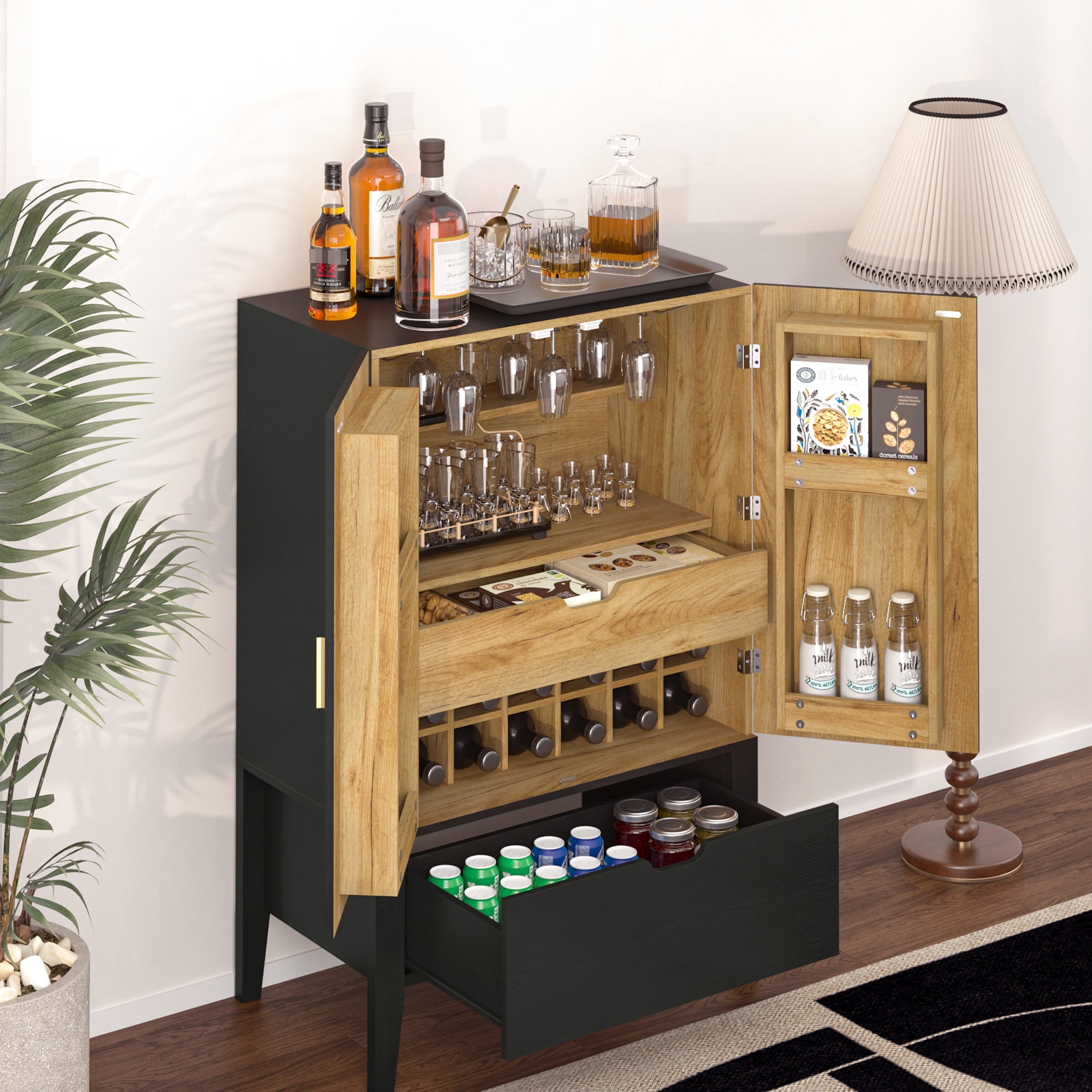 Black + Brown Liquor Storage Cabinet With Area Bar For Entertaining ...