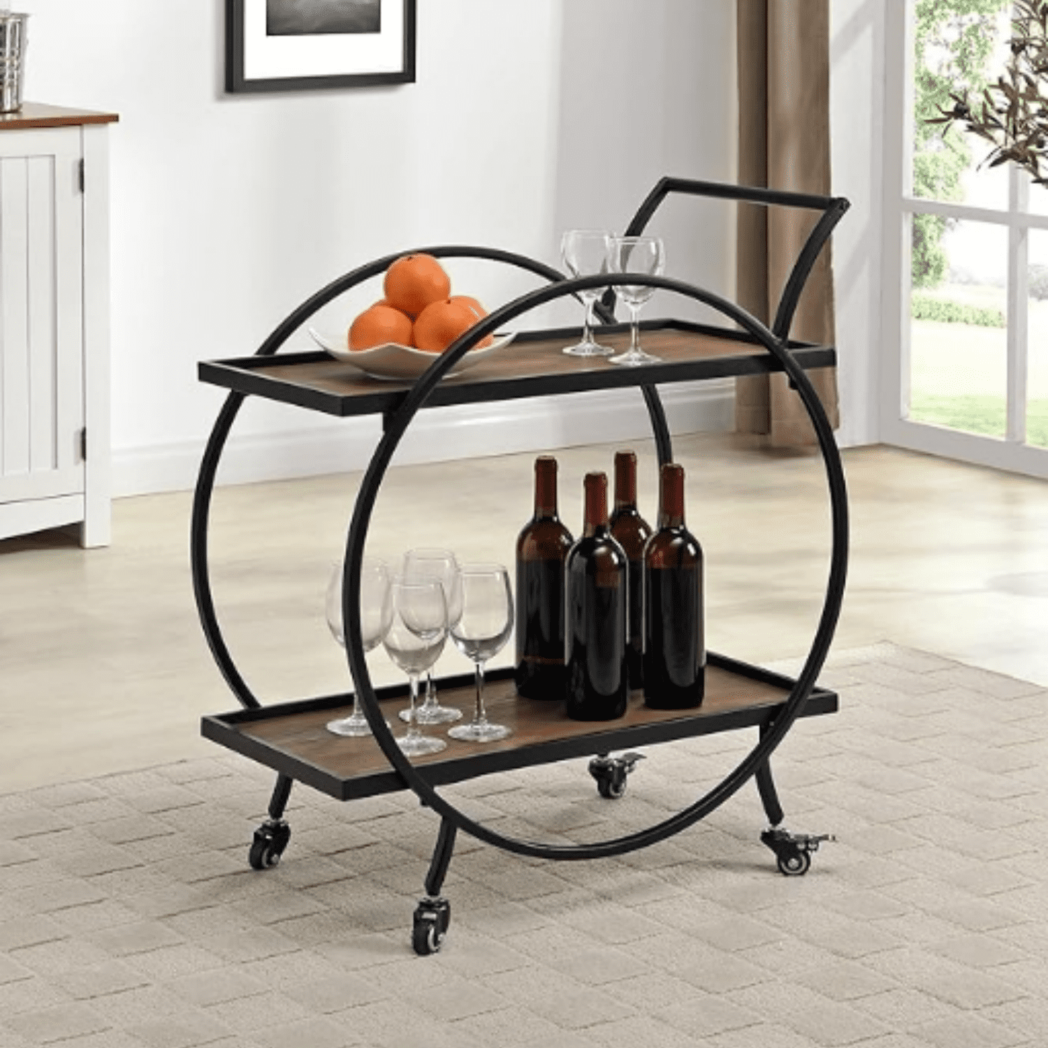 Black and Brown Odessa Bar Cart, 2 Tier Mobile Mini Bar, Kitchen ...