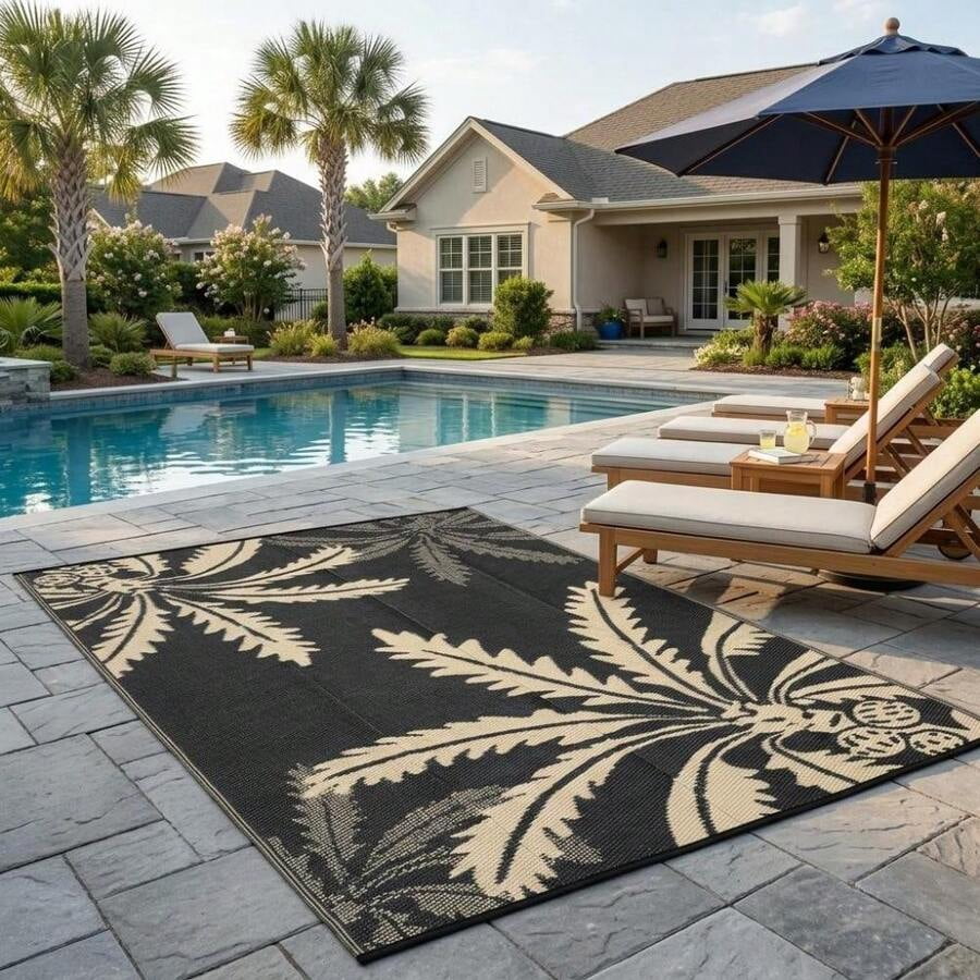 Black/Brown Palm Leaf Outdoor Area Rug For Pool Deck Patio Waterproof ...