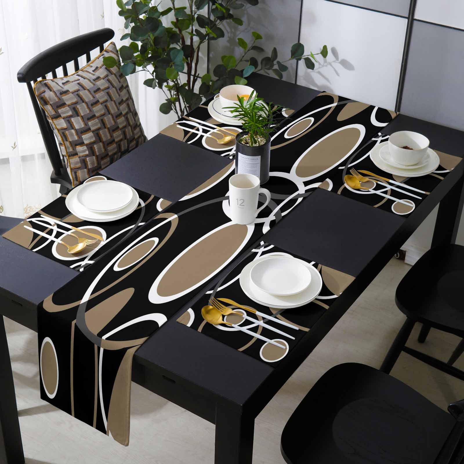Black Brown Placemats Set of 4 with 70 Inches Long Table Runners,White Circle Modern Minimalist ...