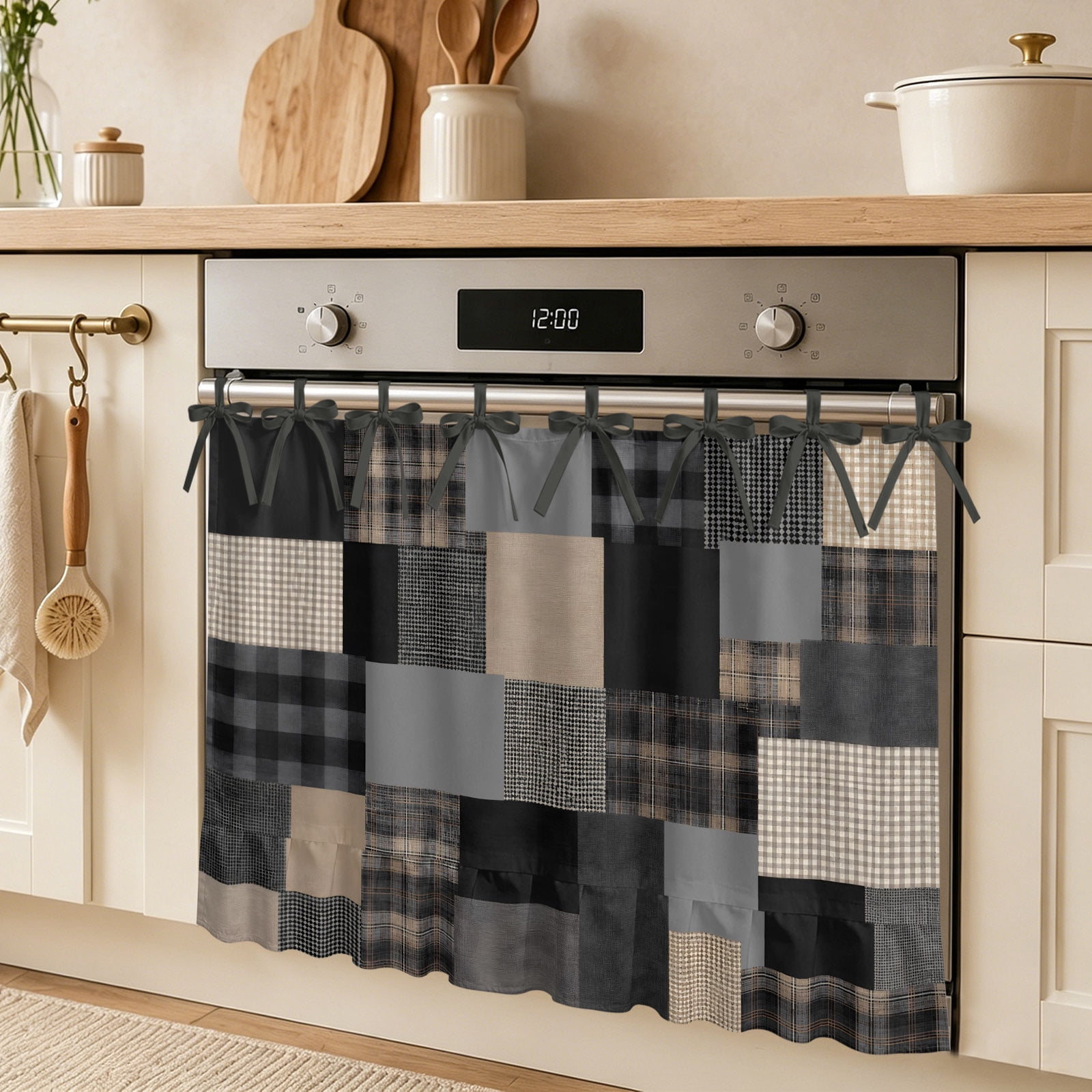 Black Brown Plaid Oven Skirt Curtain, Rustic Gingham Geometric Mosaic ...
