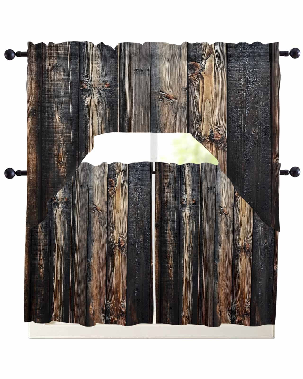Black Brown Plank Kitchen Curtains Swag Valance and Tier Curtains Set ...