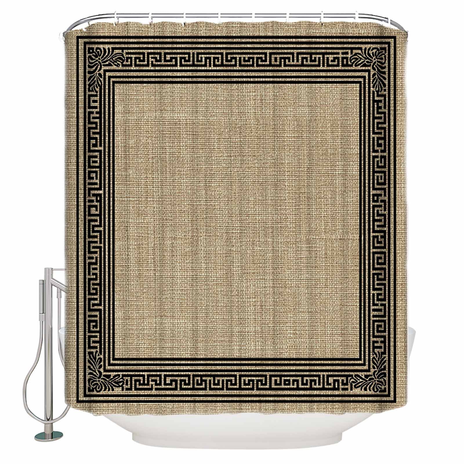 Black Brown Retro Greek Key Bathroom Shower Curtains with 12 Hooks ...