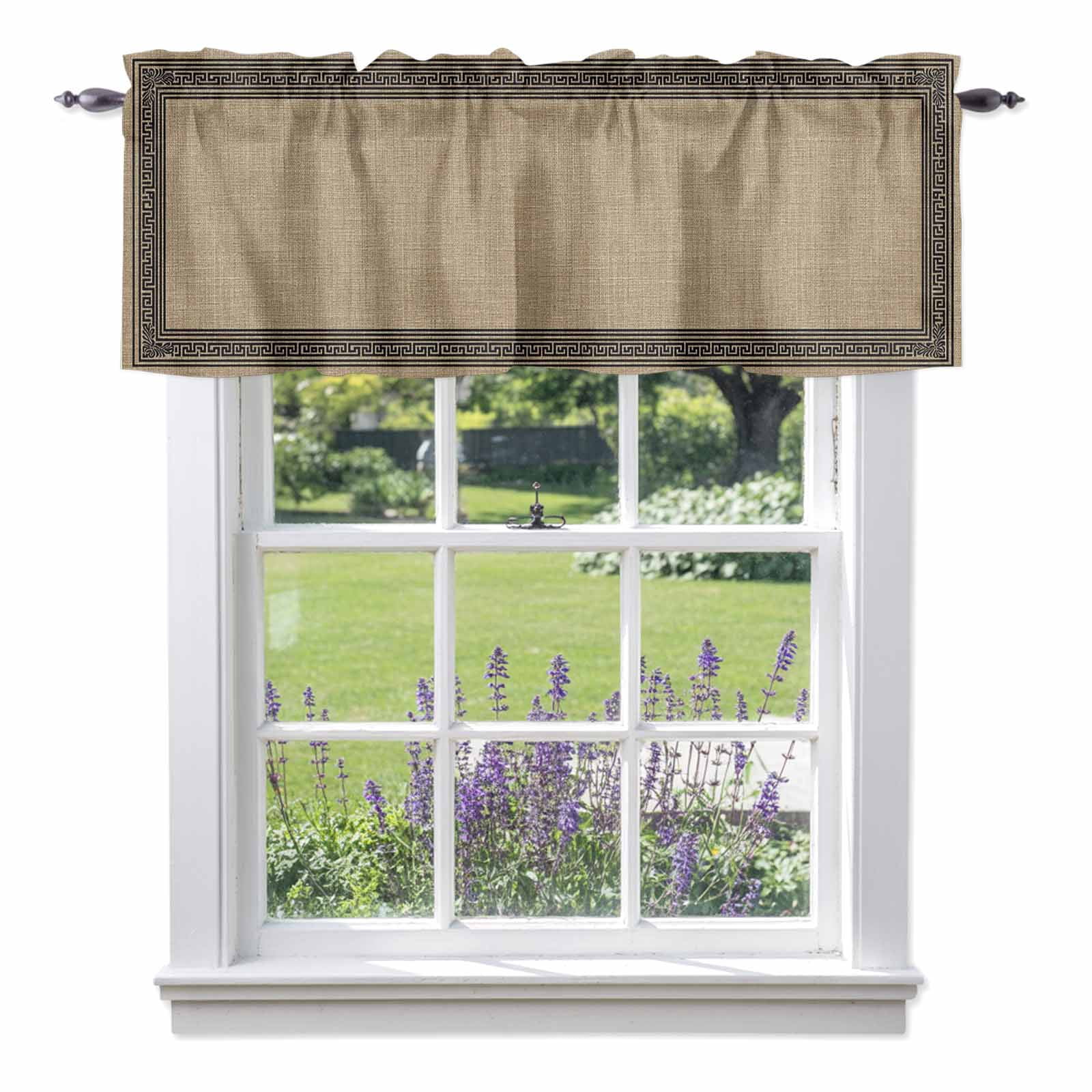 Black Brown Retro Greek Key Kitchen Curtain Valances for Windows ...