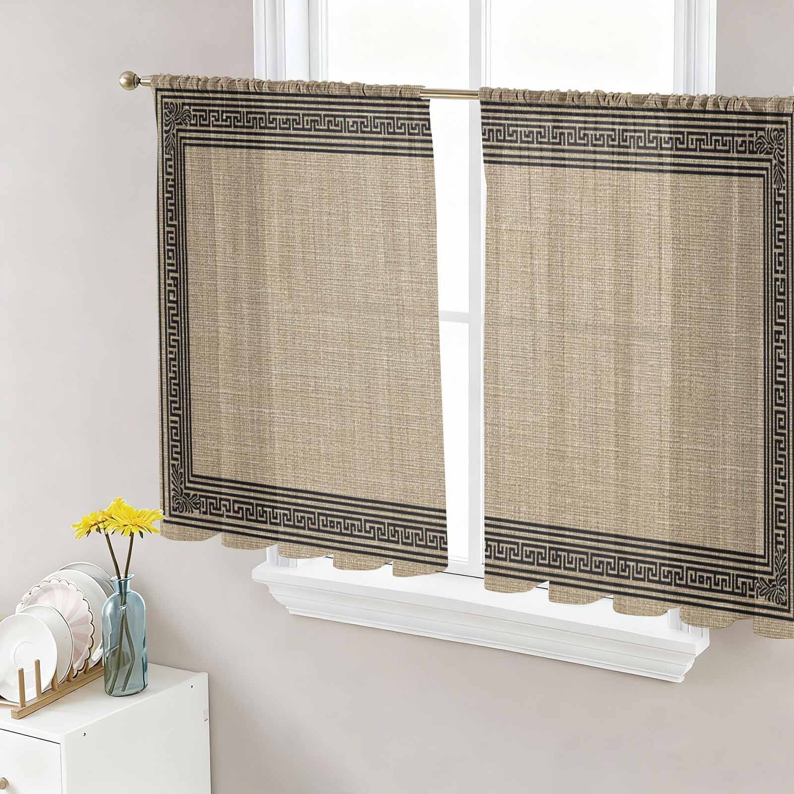 Black Brown Retro Greek Key Semi Sheer Curtains 54 Inch Length 2 Panels ...