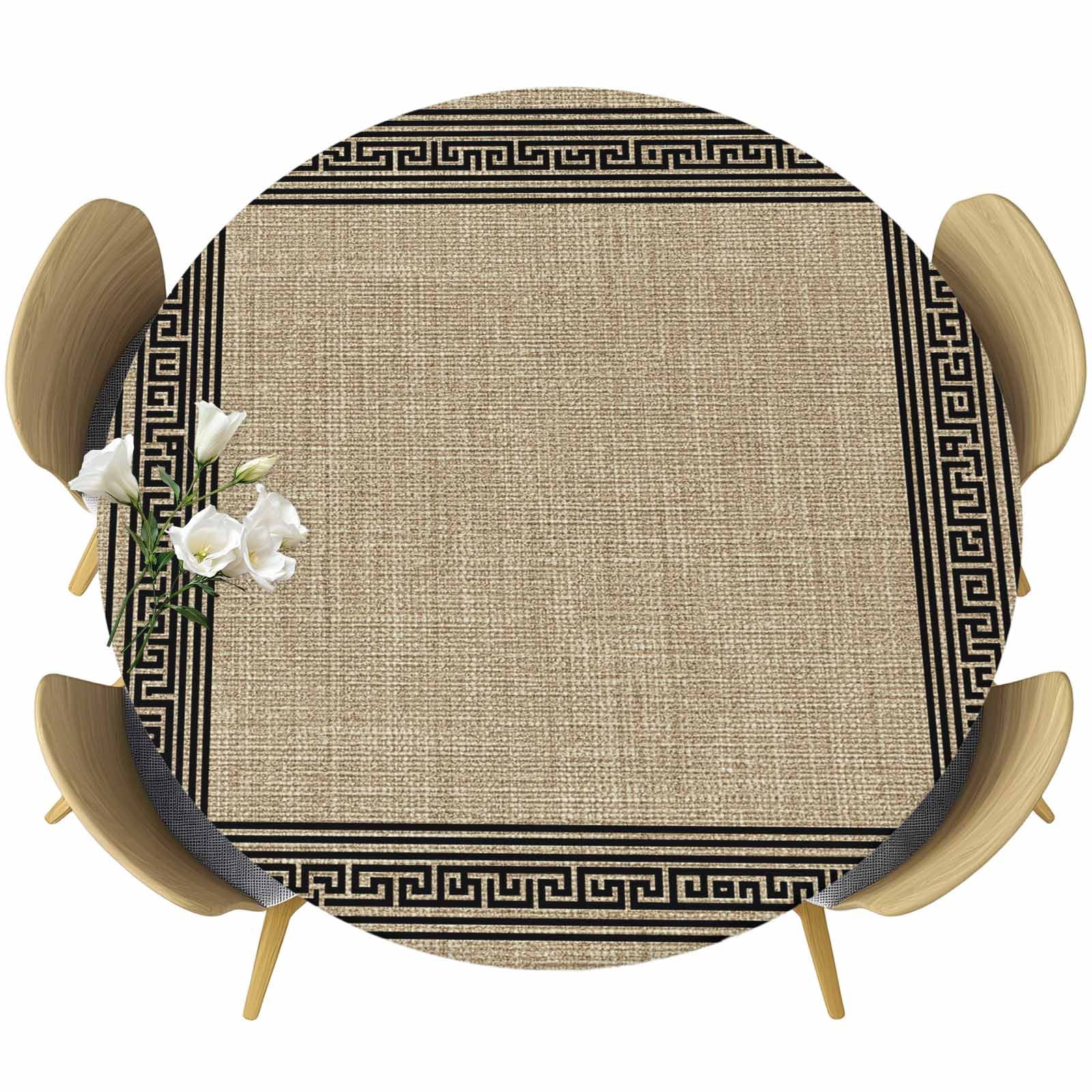 Black Brown Retro Greek Key Table Cloth, Round Fitted Tablecloths with Elastic Edge, Geometric ...