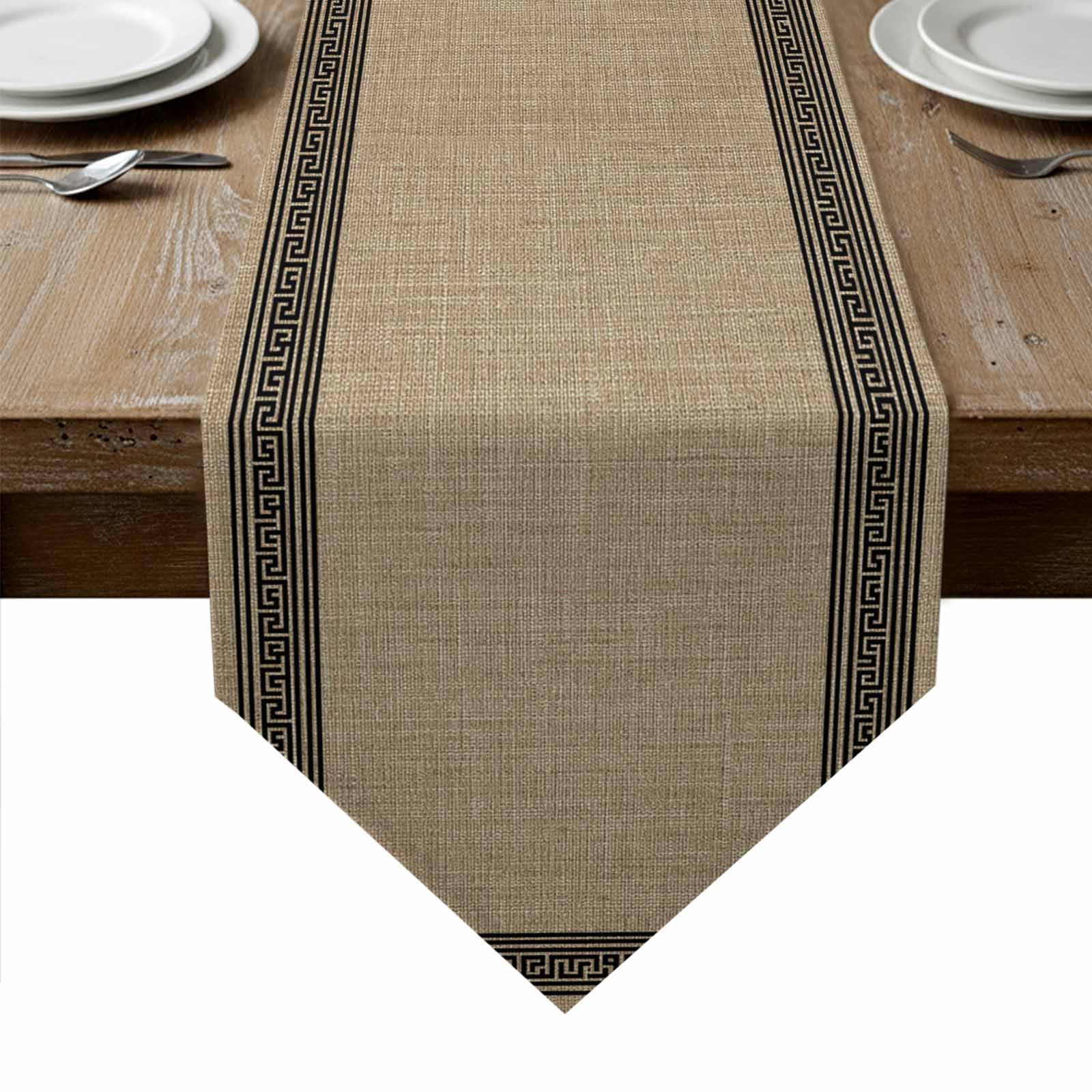 Black Brown Retro Greek Key Table Runner Linen Burlap Table Runner 72 ...