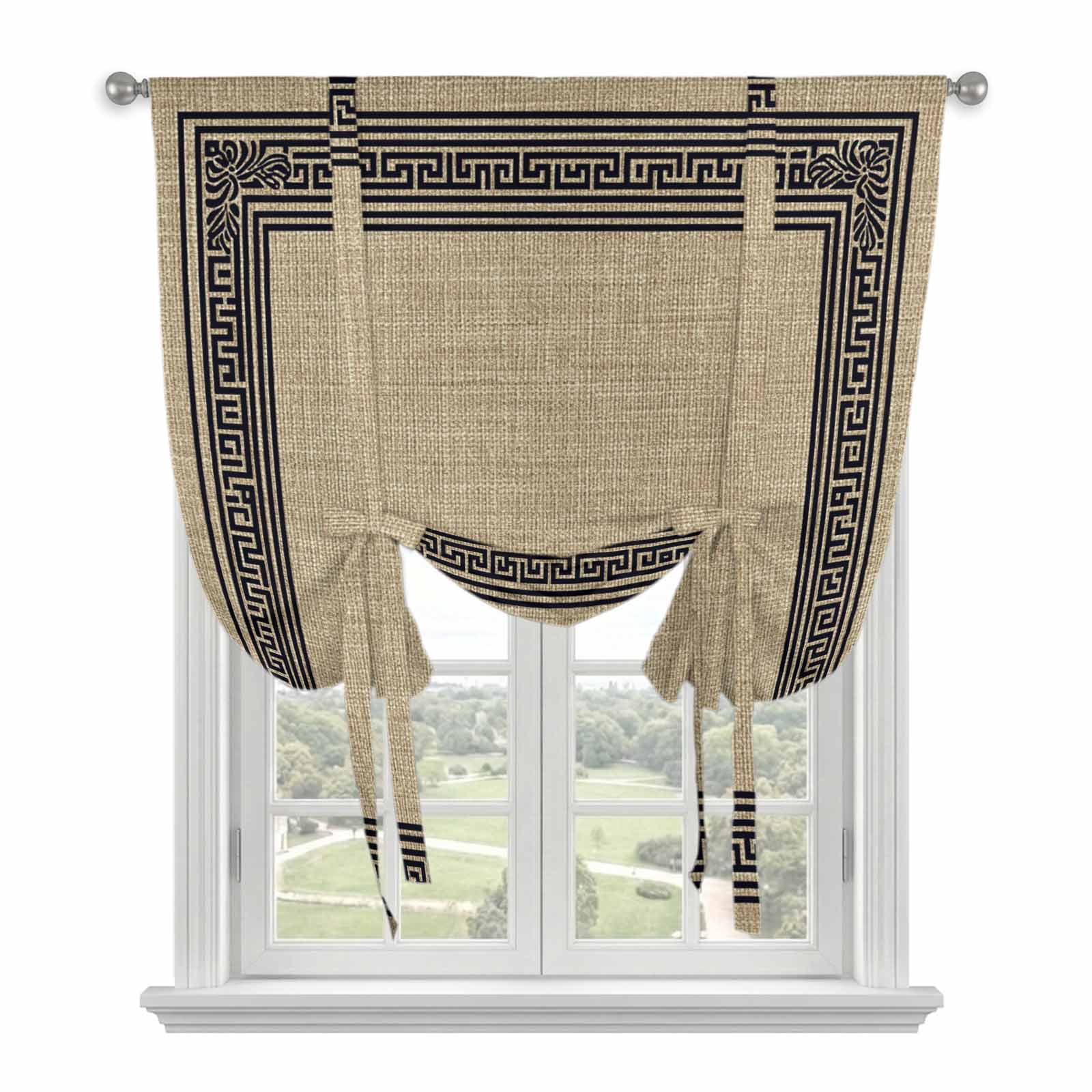 Black Brown Retro Greek Key Tie Up Curtains for Windows, Adjustable Rod ...