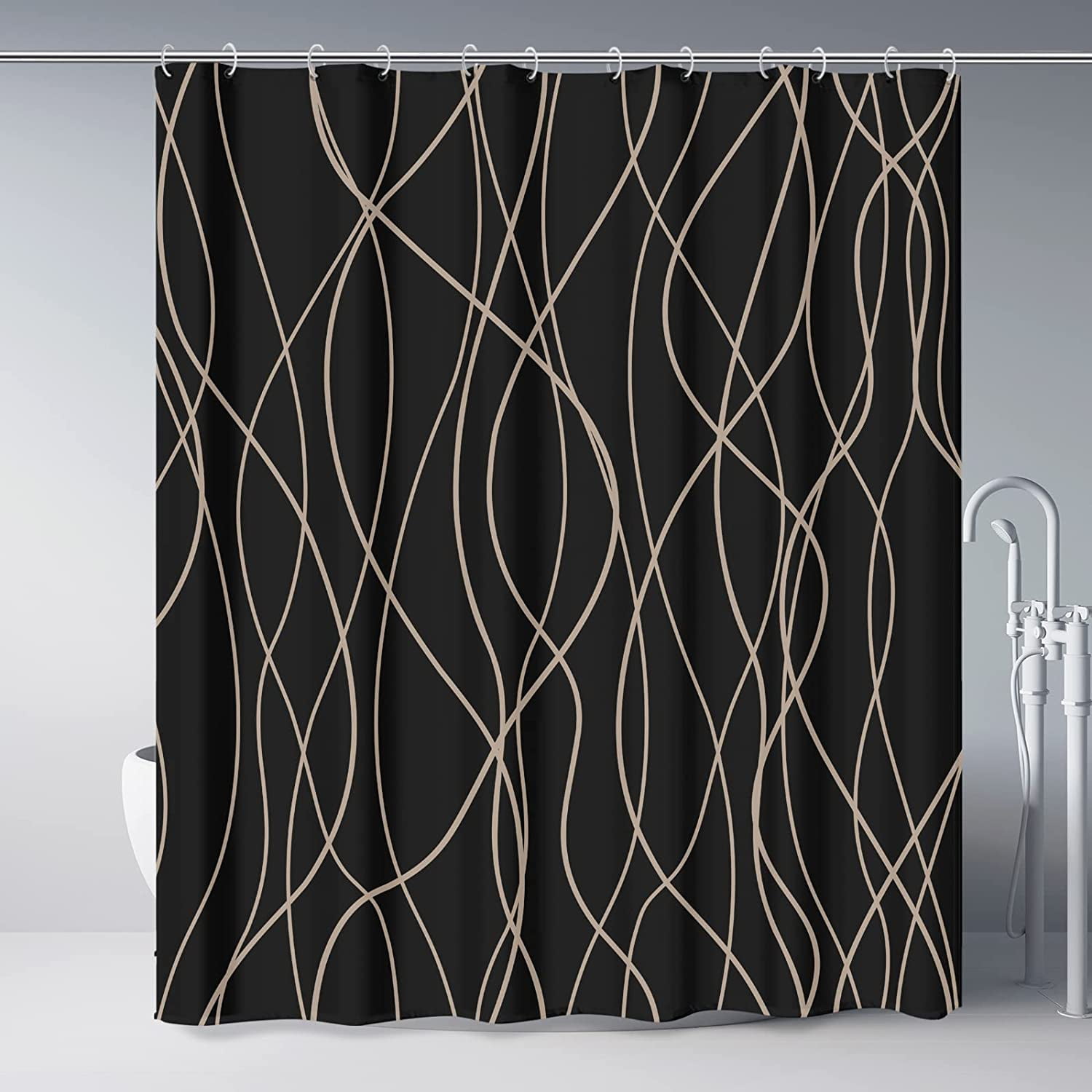 Black and Brown Striped Wavy Line Fabric Shower Curtain for Bathroom ...