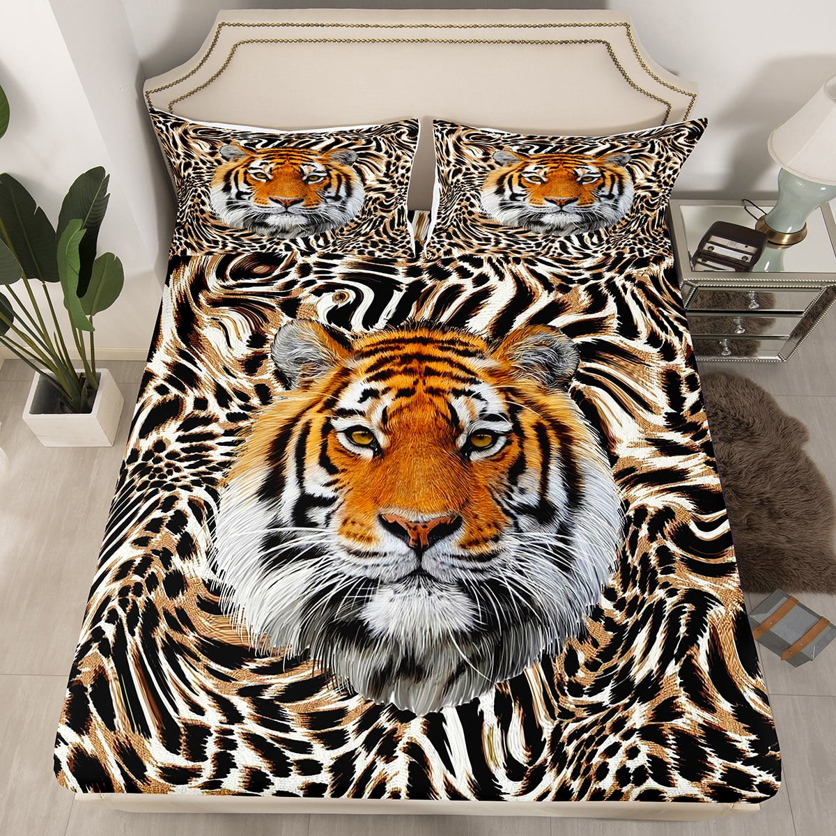 Black Brown Tiger Print Bedding Set Queen Size Leopard Print Bed Sheets ...