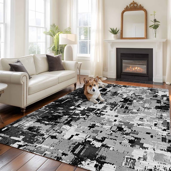 Black Brushes Painting Washable Area Rug 6x9 Modern Abstract Art ...