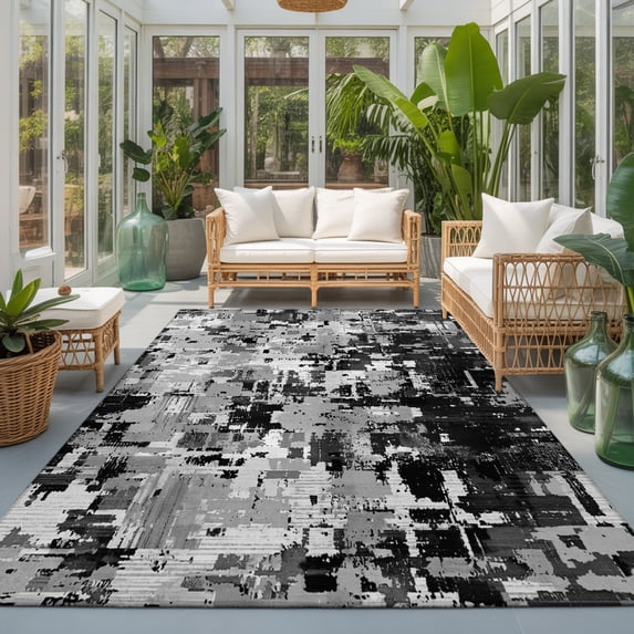 Black Brushes Painting Washable Area Rugs 3'x5', Modern Abstract Art ...