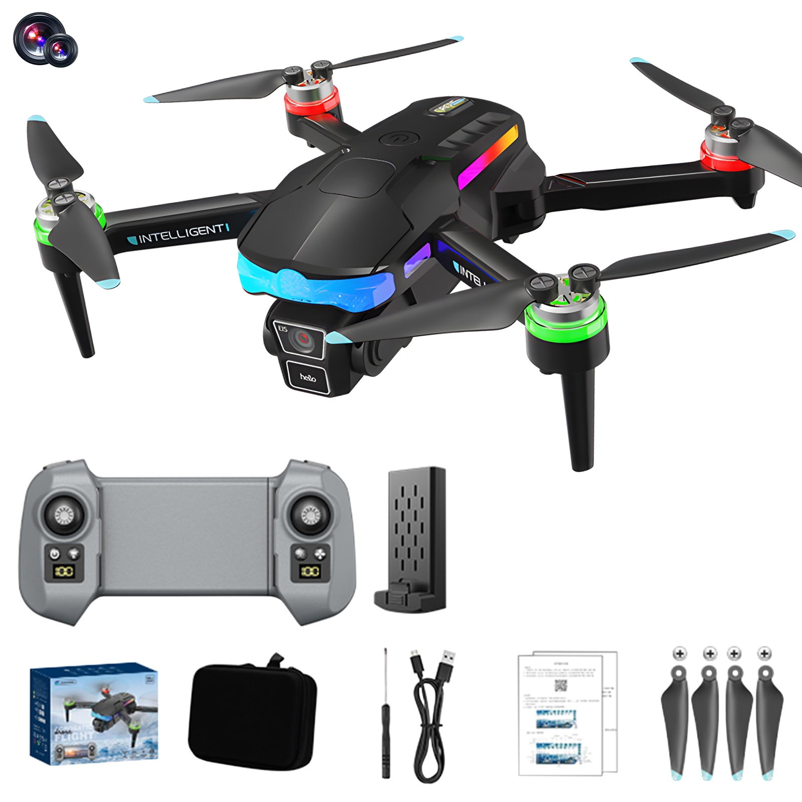 Black Brushless Motor Drone With 1080P Hd Camera Led Lights Altitude ...