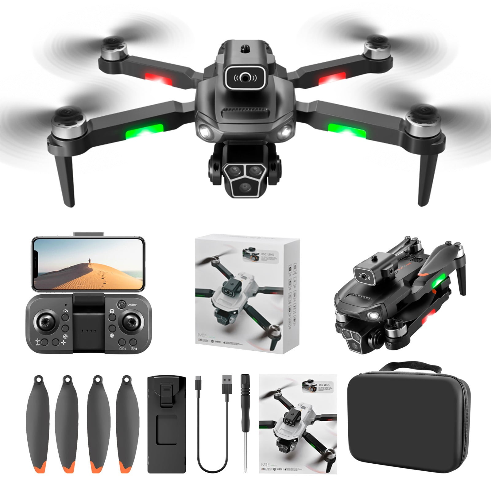Black Brushless Motor Drones With 3 Cameras Wind Resistance Headless ...