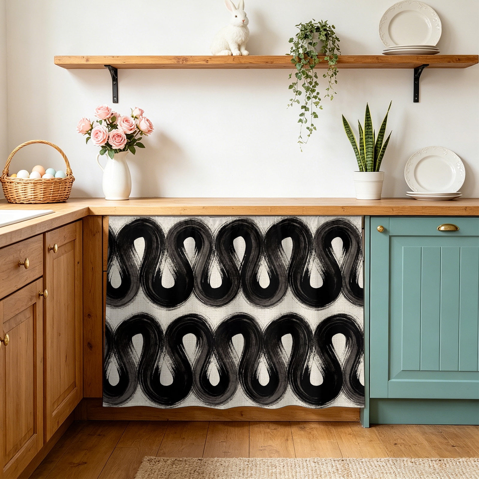 Black Brushstrokes Cabinet Curtains 11" W x 13" L, Vintage Abstract ...
