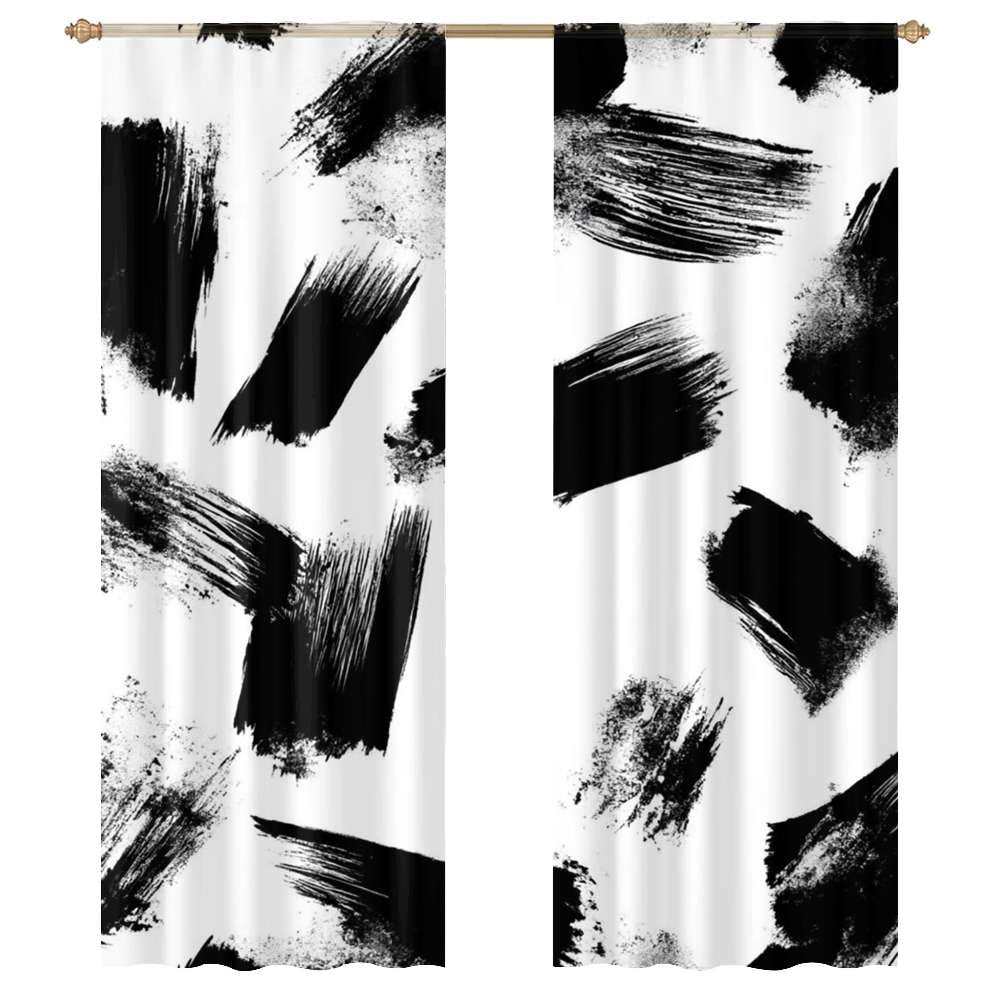 Black Brushstrokes White Background Tulle Curtains For Living Room ...