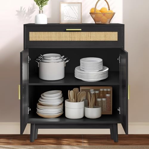 Black Buffet Cabinet Sideboard with Storage, Rattan Accent Cabinets ...