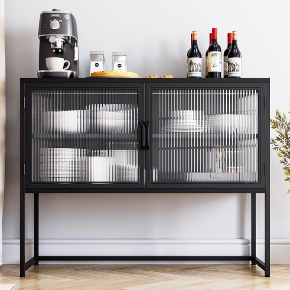 Black Buffet Cabinet with Glass Doors & Adjustable Shelves ...