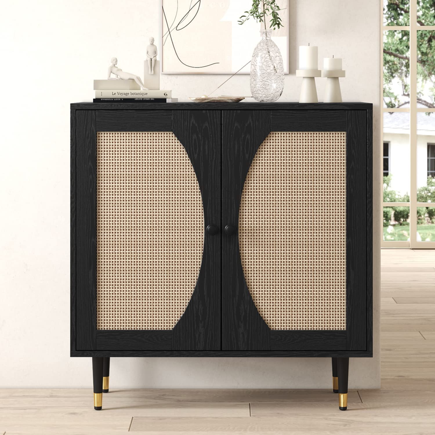 Black Buffet Sideboard Cabinet, Rattan Sideboard with Natural Rattan ...