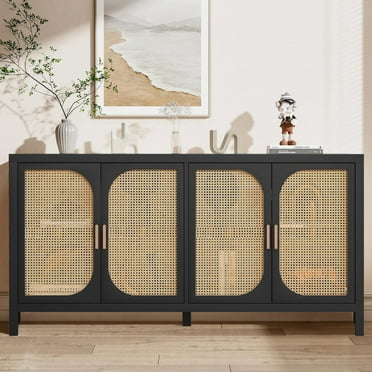 KUOESYN Rattan Sideboard Buffet Cabinet with Adjustable Shelves, Metal ...