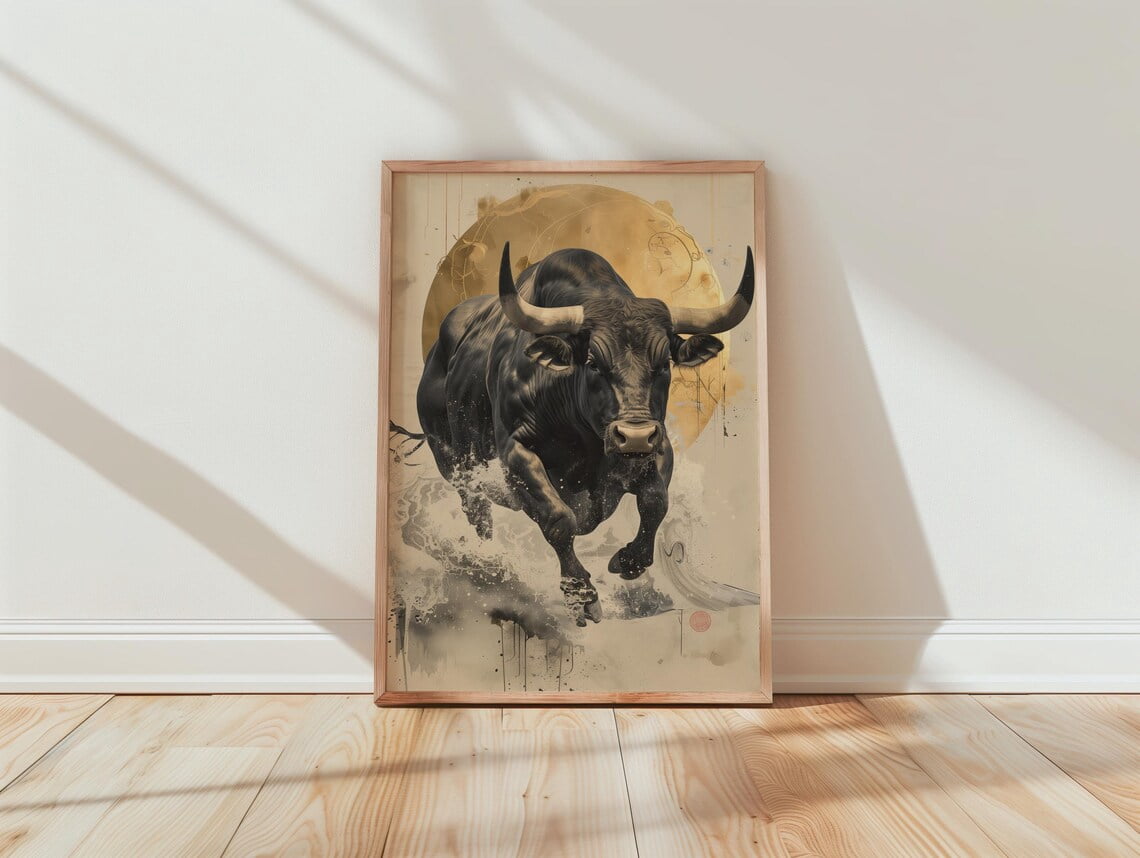 Black Bull Golden Sun Asian Calligraphy Modern Fusion Poster Unframed ...