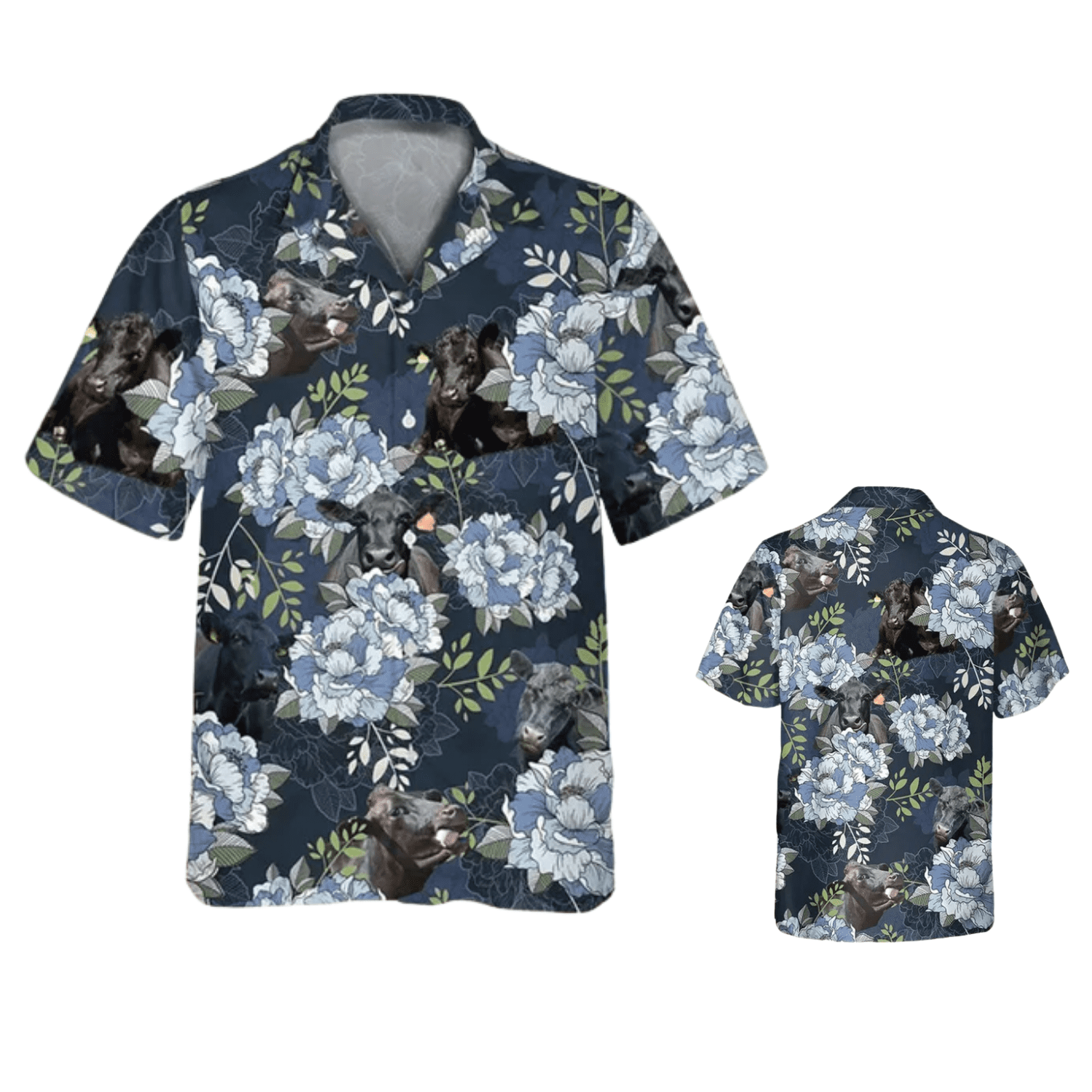 Black Bull Hawaiian Shirt, Black Angus Blue Peony Floral Hawaiian Shirt ...