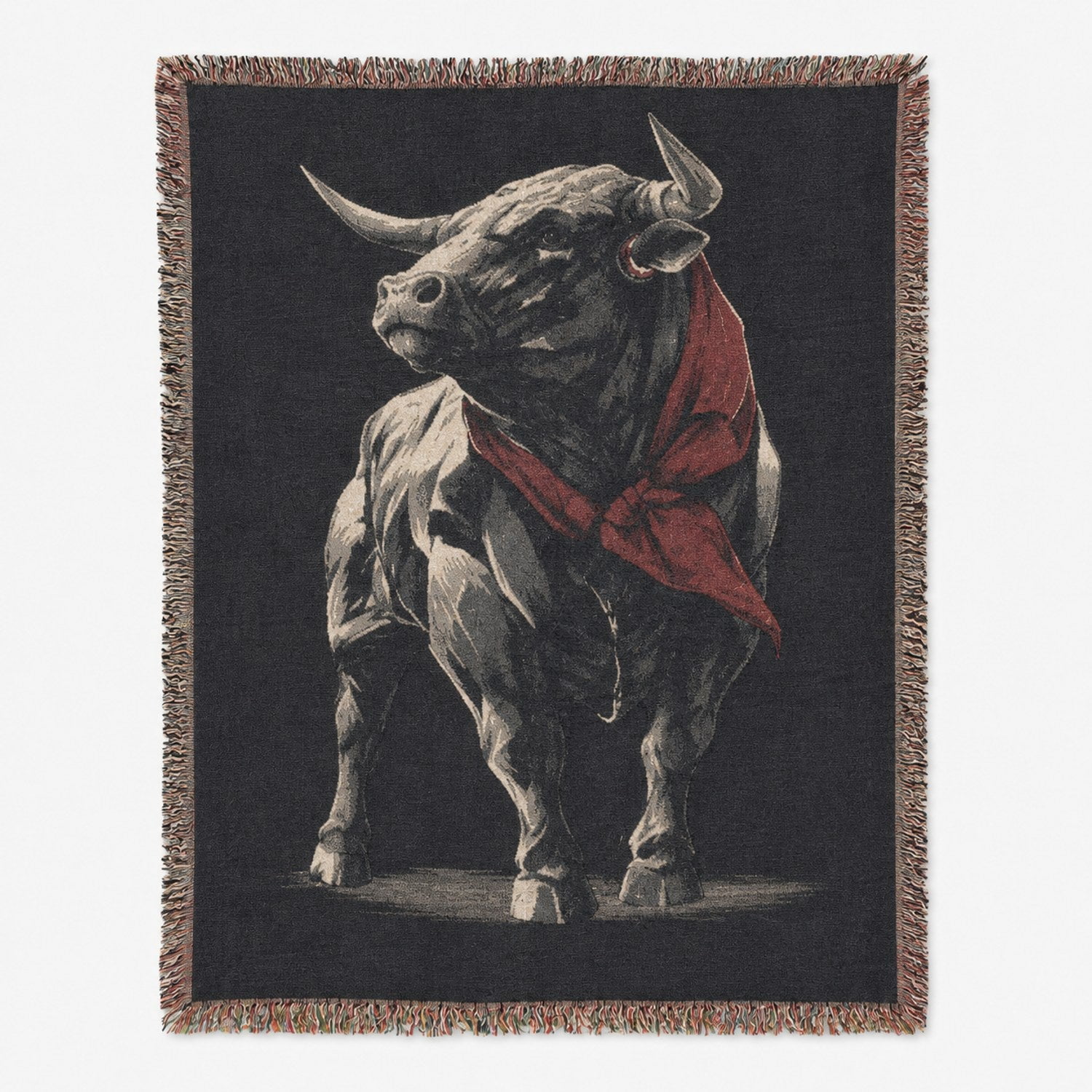 Black Bull Portrait with Red Bandana Woven Blanket, 100% Cotton, Rustic ...