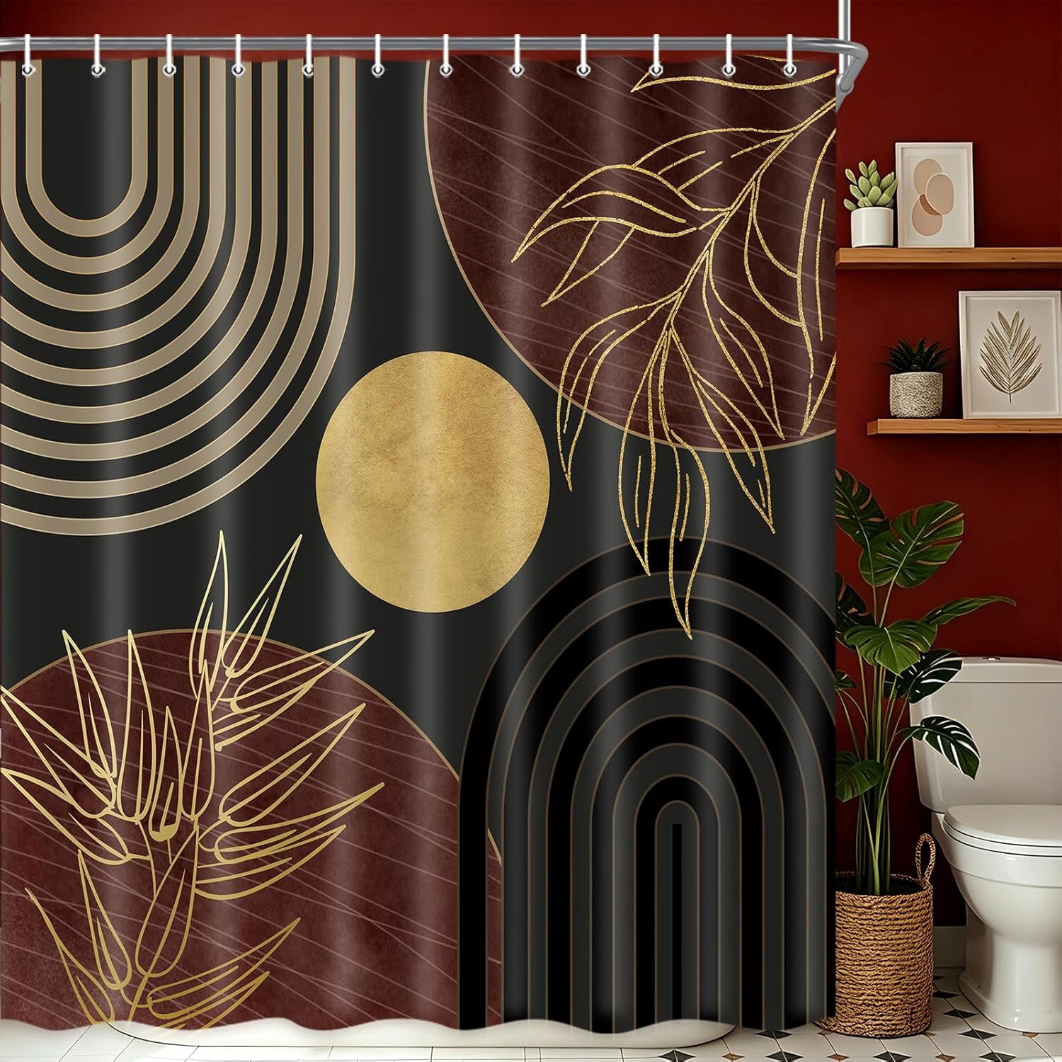 Black Burgundy Shower Curtain, Mid Century Modern Brown Gold Leaves ...