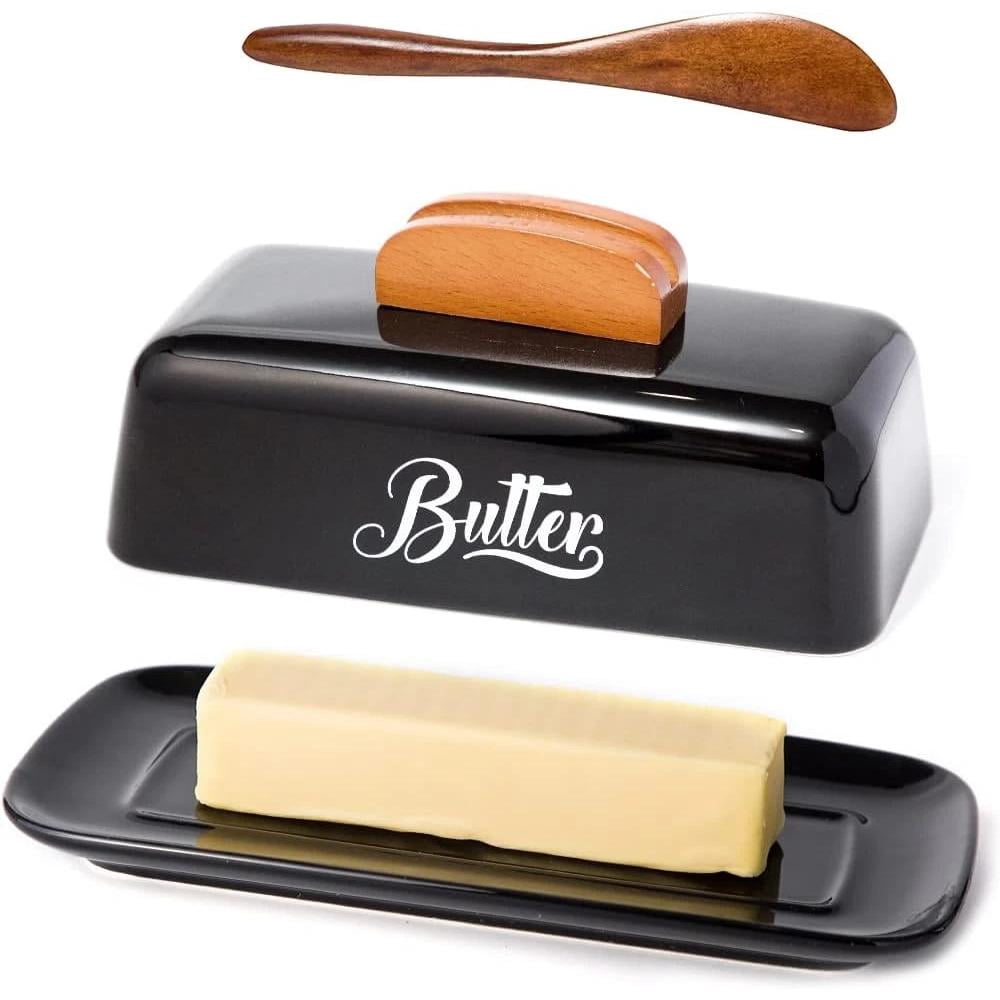 Black Butter Dish with Lid and Knife，Black Butter Tray，Ceramic Butter ...