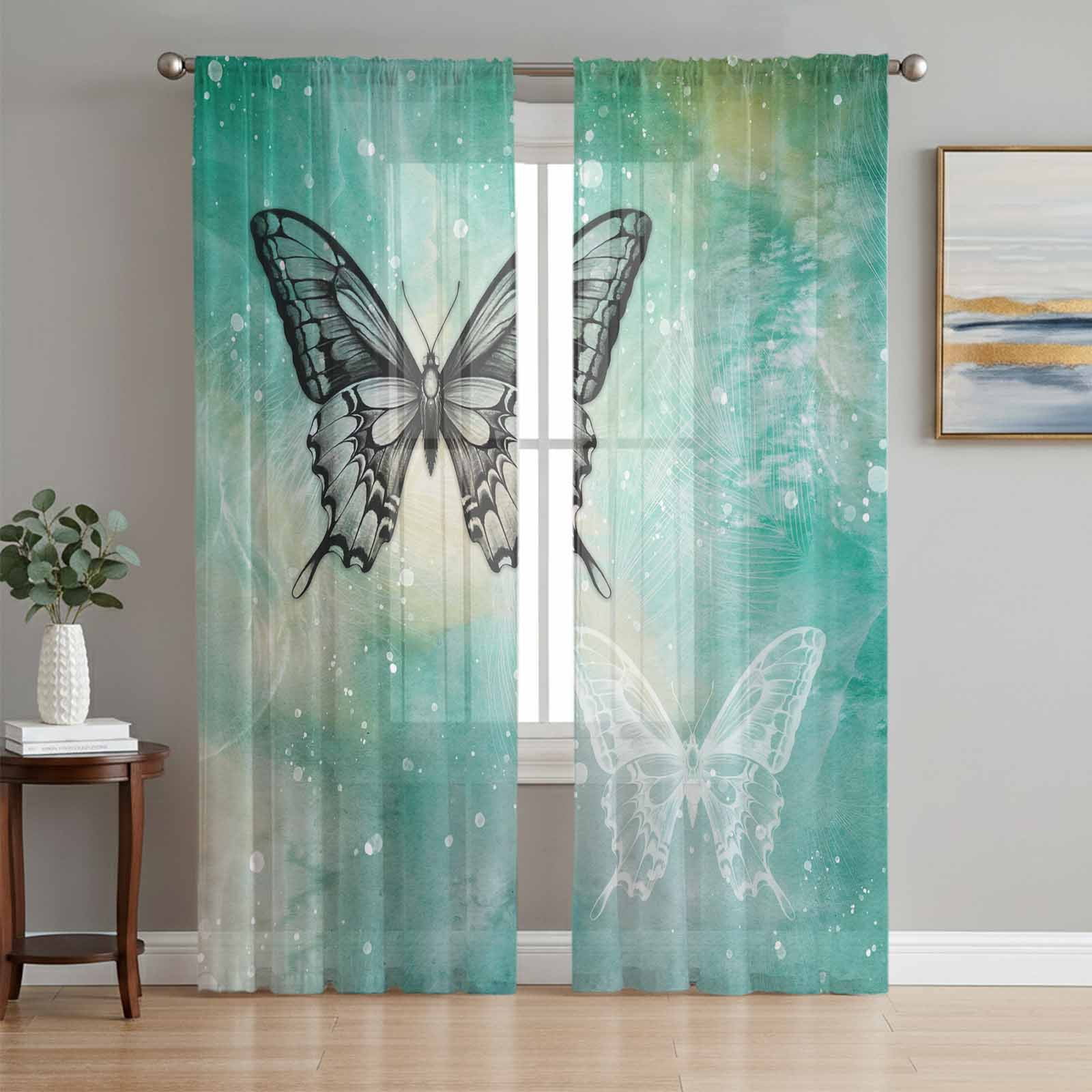 Black Butterflies Sheer Curtains 84 Inch Length 2 Panels Set, Modern ...