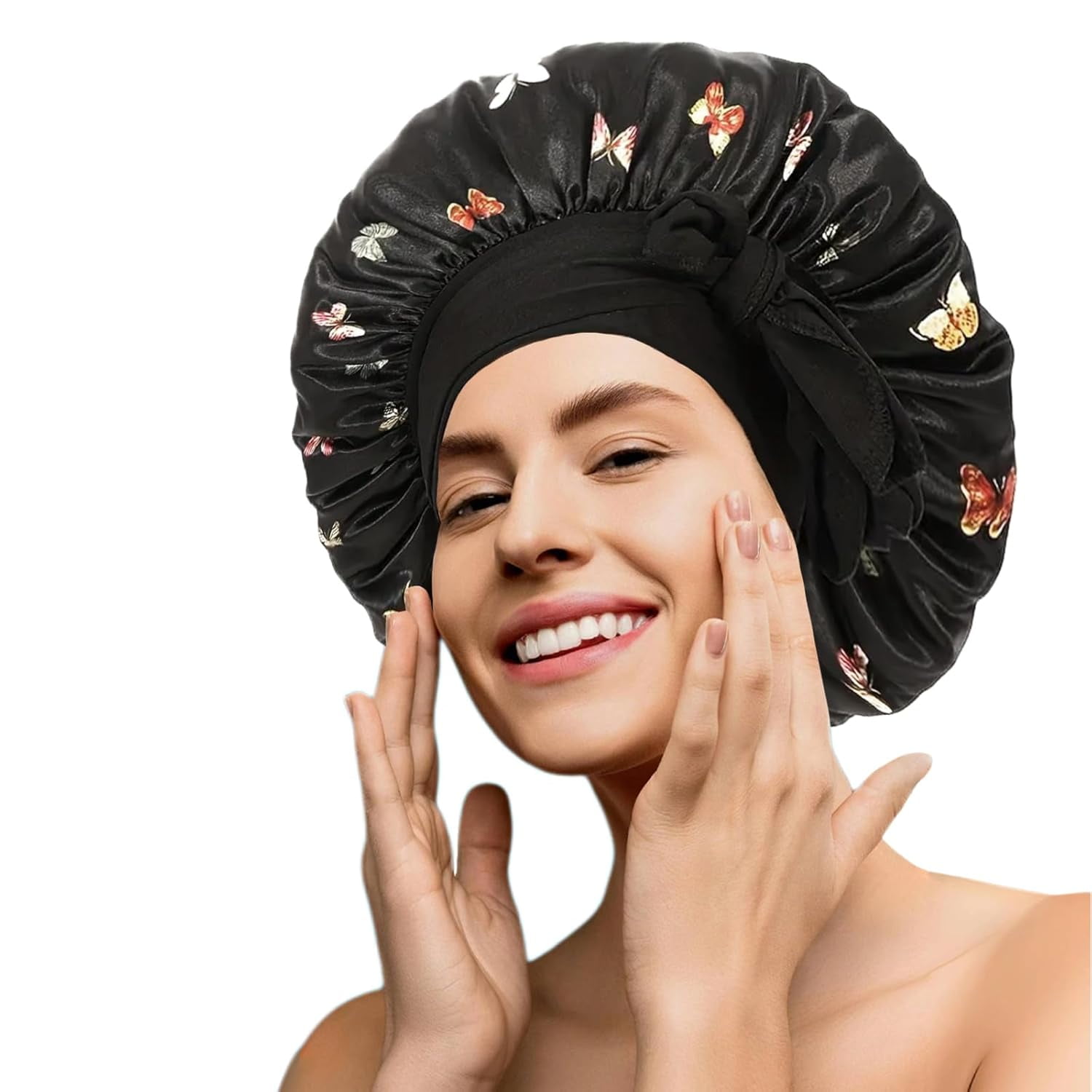 Black Butterfly Bonnet Satin Silk Hair Bonnet With Tie Band for ...
