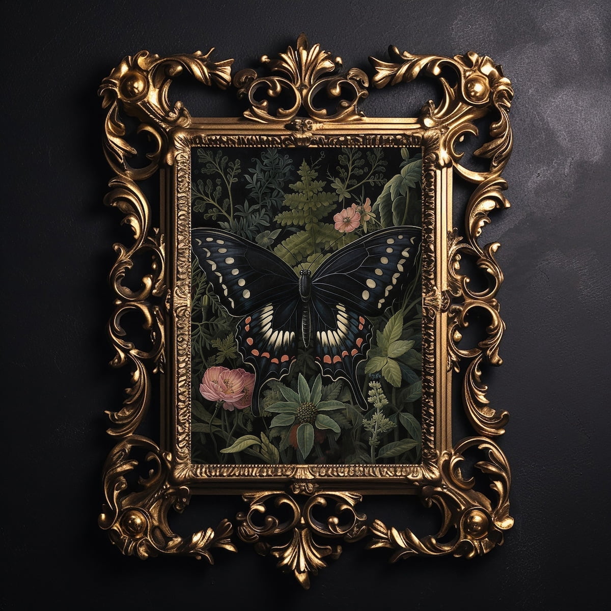 Black Butterfly Dark Flower Garden Moody Botanical Wall Art Poster ...