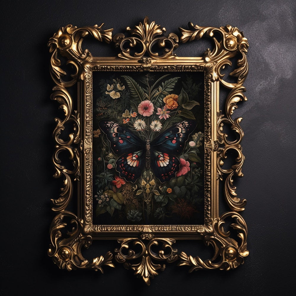 Black Butterfly In Dark Flower Garden, Moody Moth Print, Botanical ...