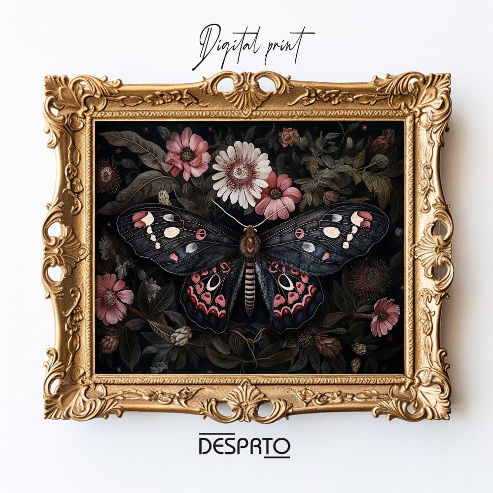 Black Butterfly In Dark Flower Garden, Moody Moth Print, Botanical ...