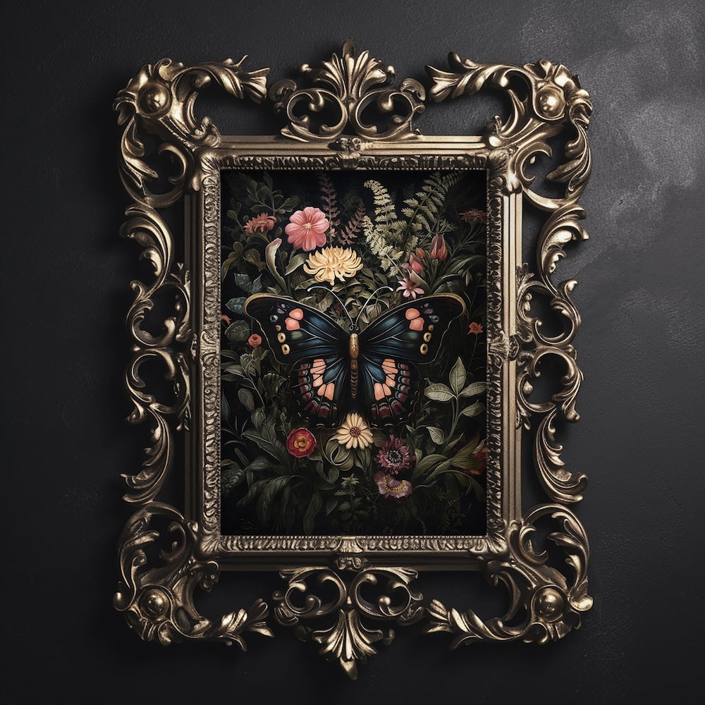 Black Butterfly In Dark Flower Garden, Moody Moth Print, Botanical ...