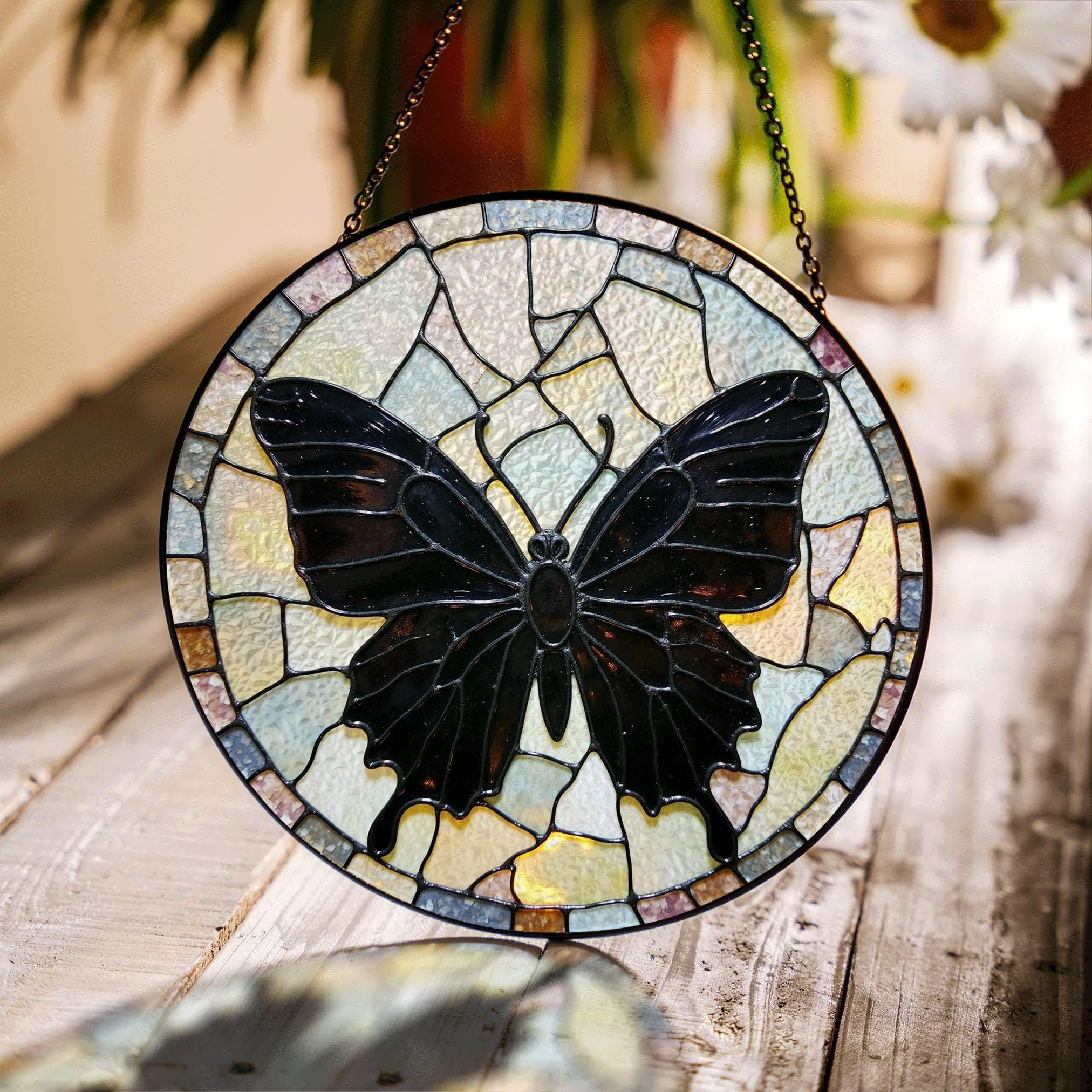 Black Butterfly Round Stained Glass Style Suncatcher, Nature Window ...