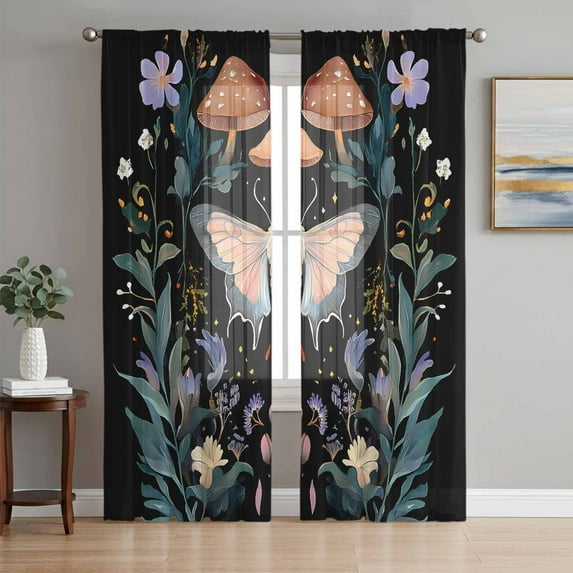 Black Butterfly Spring Semi Sheer Curtains 63 Inch Length 2 Panels Set ...