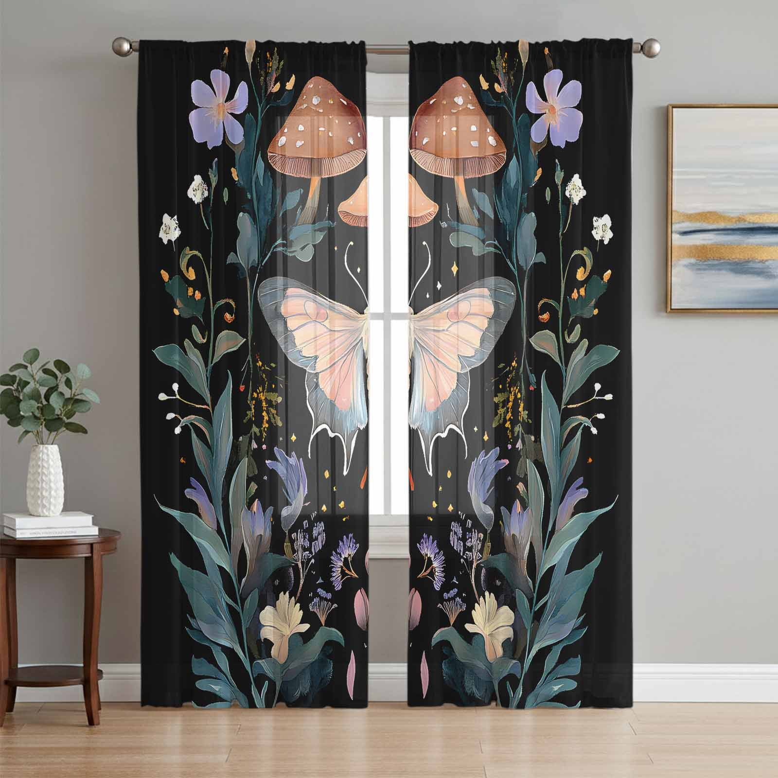 Black Butterfly Spring Semi Sheer Curtains 84 Inch Length 2 Panels Set ...