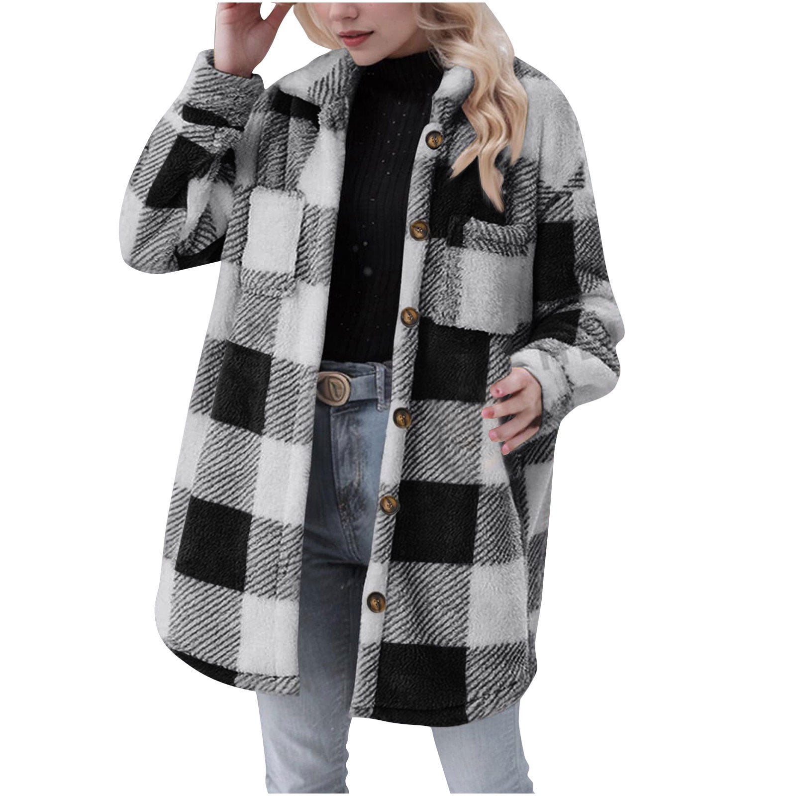 Black Button Coat for Women Fall Winter Long Sleeve Turtleneck Plaid ...