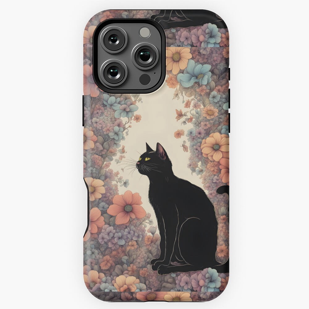 Black CAt with Plants and flowers cats and floral Surreal illustration ...