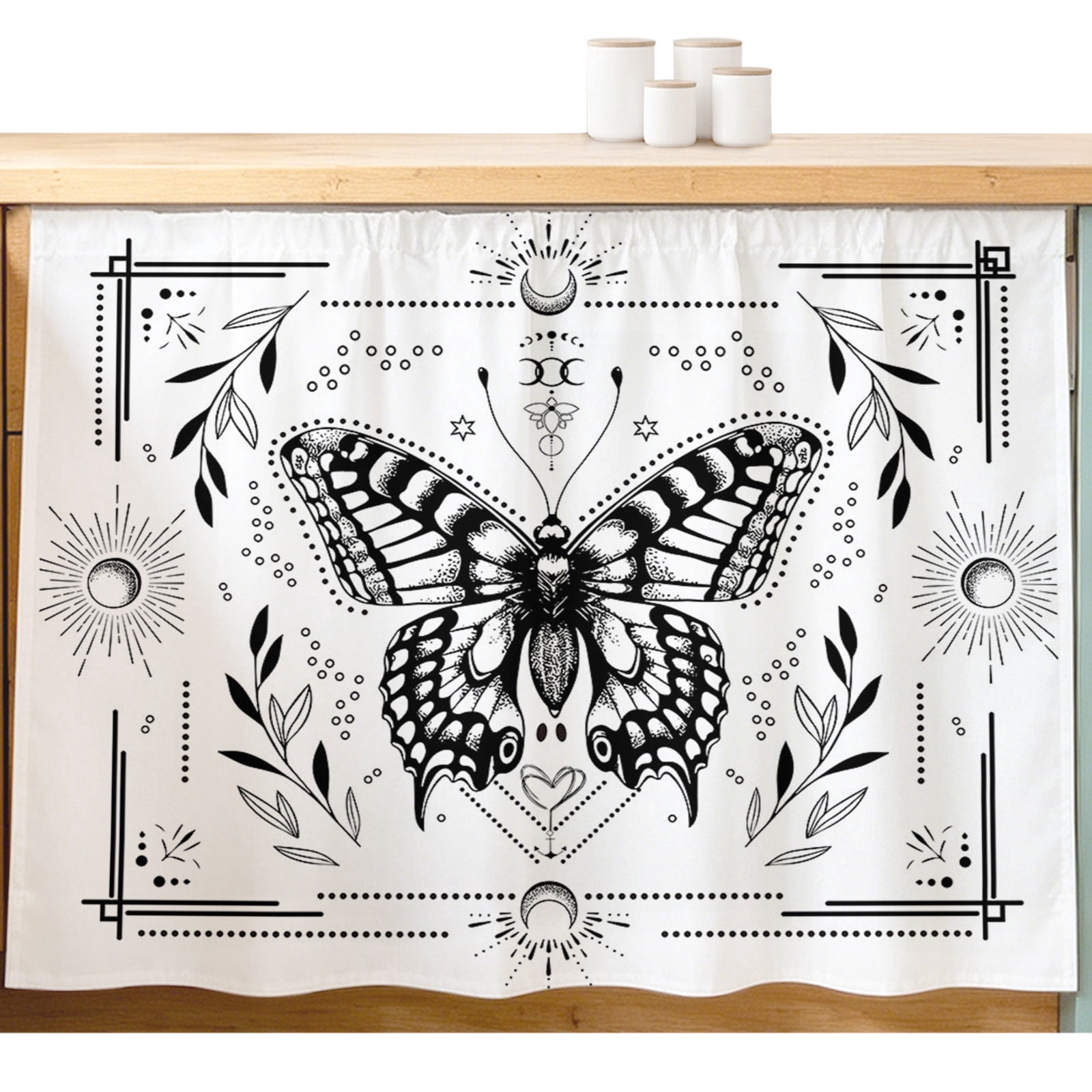 Black and Cabinet Curtains White Frame Butterfly Sun Moon Sink Skirt ...