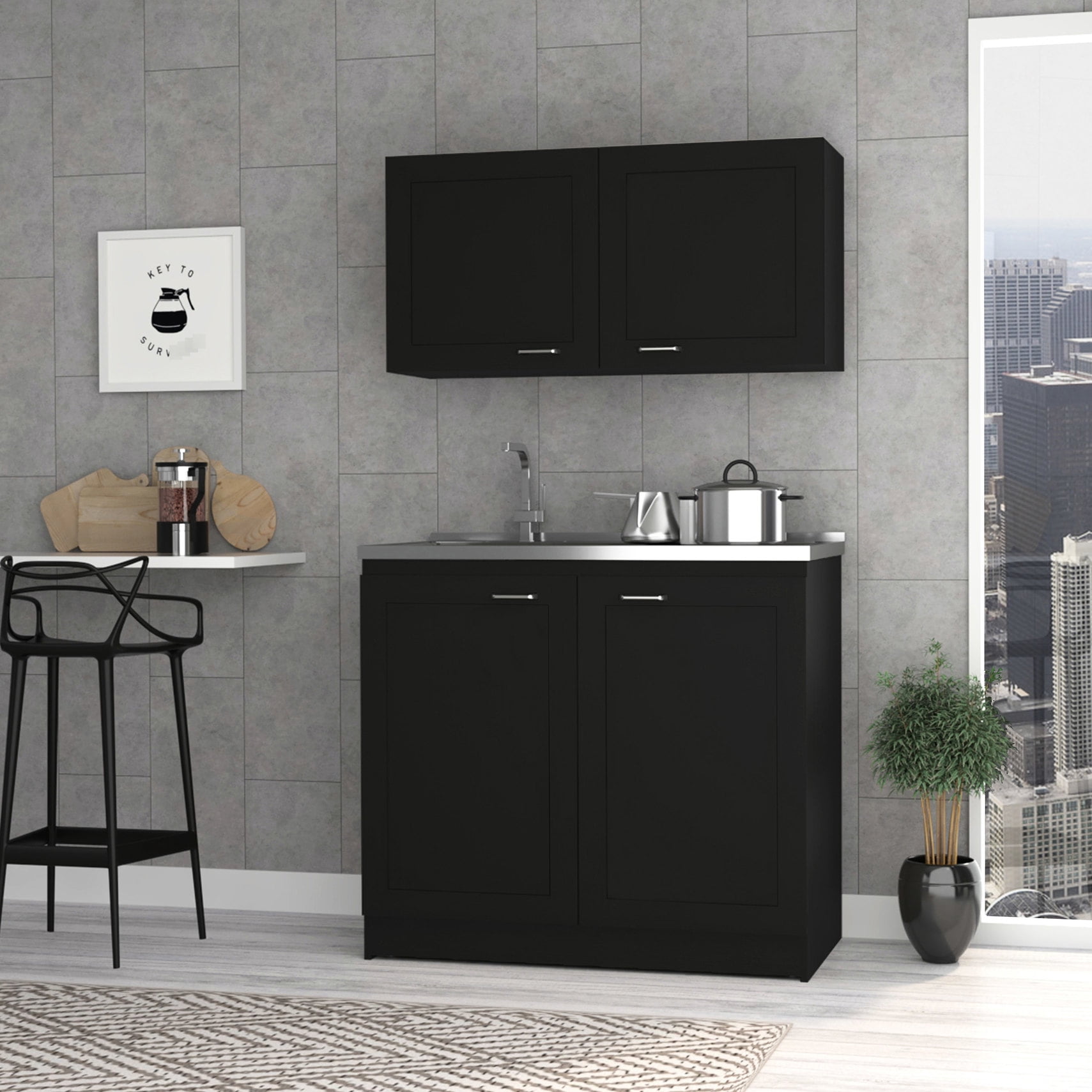 Black Cabinet Set with 19.2" H Wall Cabinet, Stainless Steel Sink ...