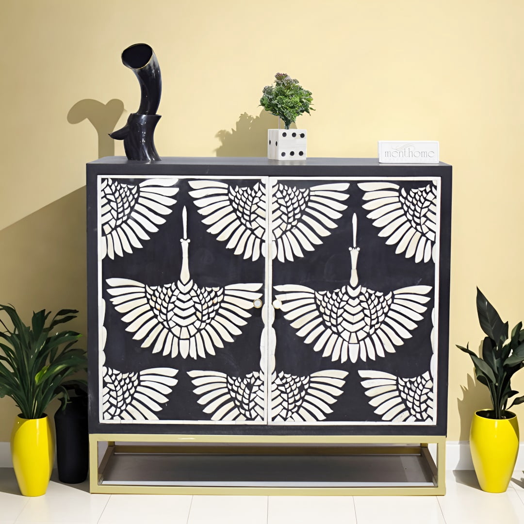 Black Cabinet With Brass Legs and Feather Pattern Bone Inlay - Walmart.com